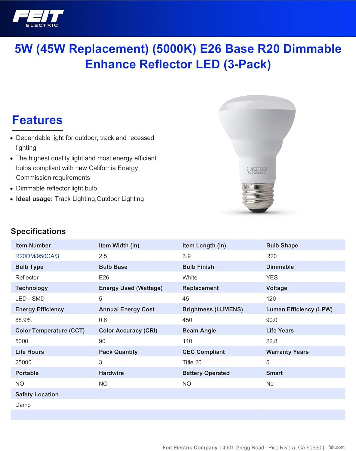 YJYASX-R20 LED Light Bulb, 45W Equivalent, Dimmable, 5000K Daylight ...