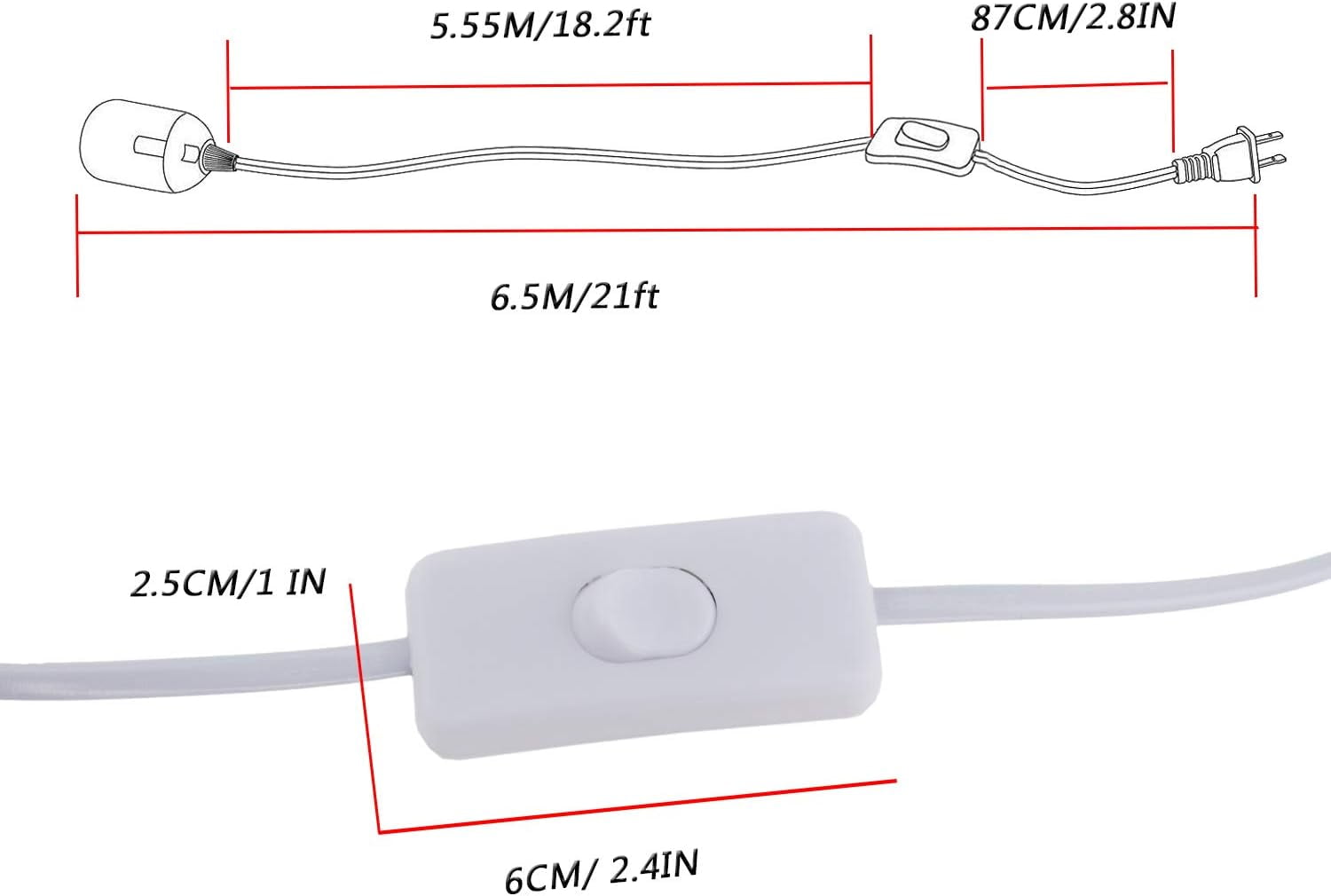 YJYASX-Rextin E26/E27 LED Light socket 21FT extension cord with On/Off ...