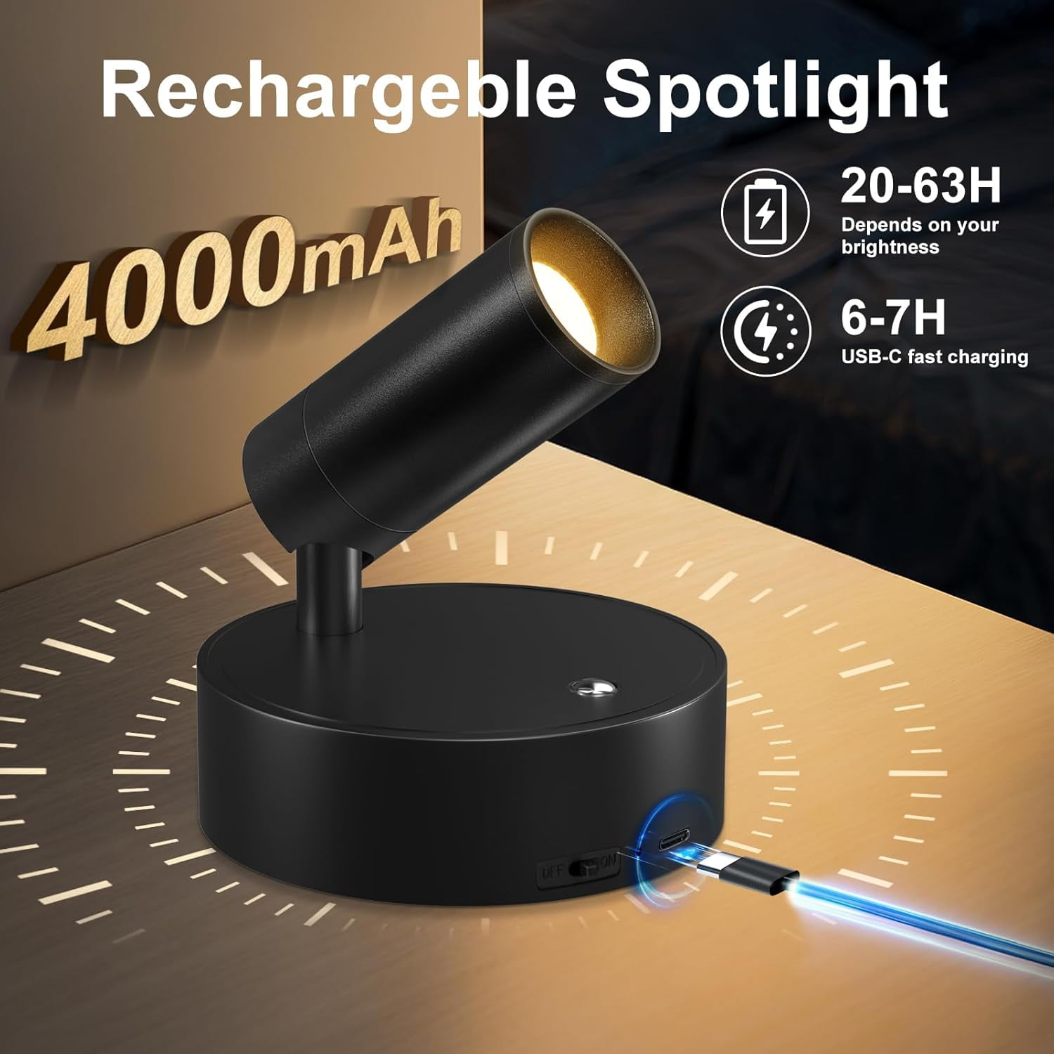 YJYASX-Spot Lights Indoor, 4000mAh Rechargeable Battery LED Spotlight ...