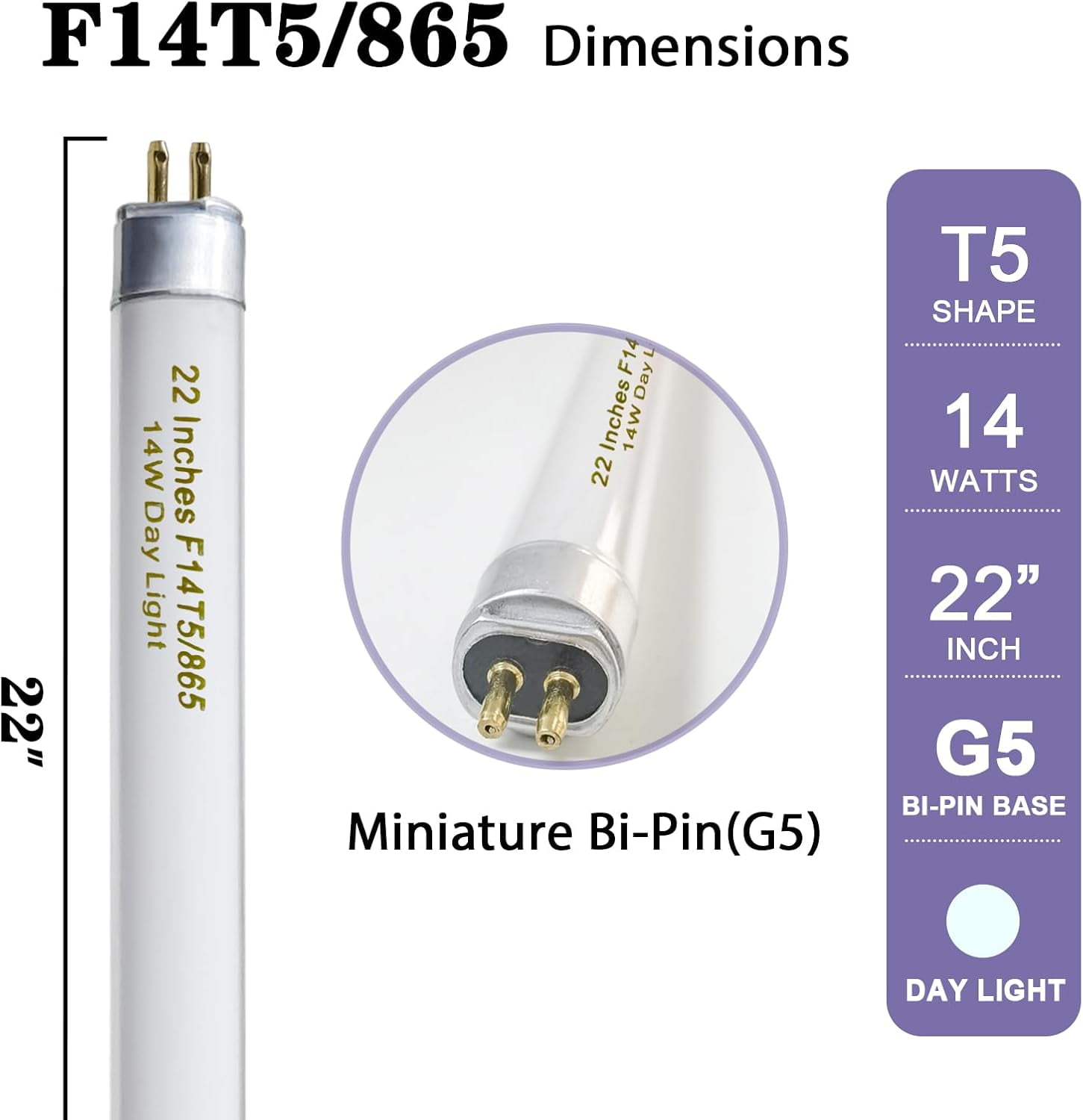 YJYASX-T5 14W 6500K Fluorescent Tube, 22 Inches F14T5/865 Straight ...