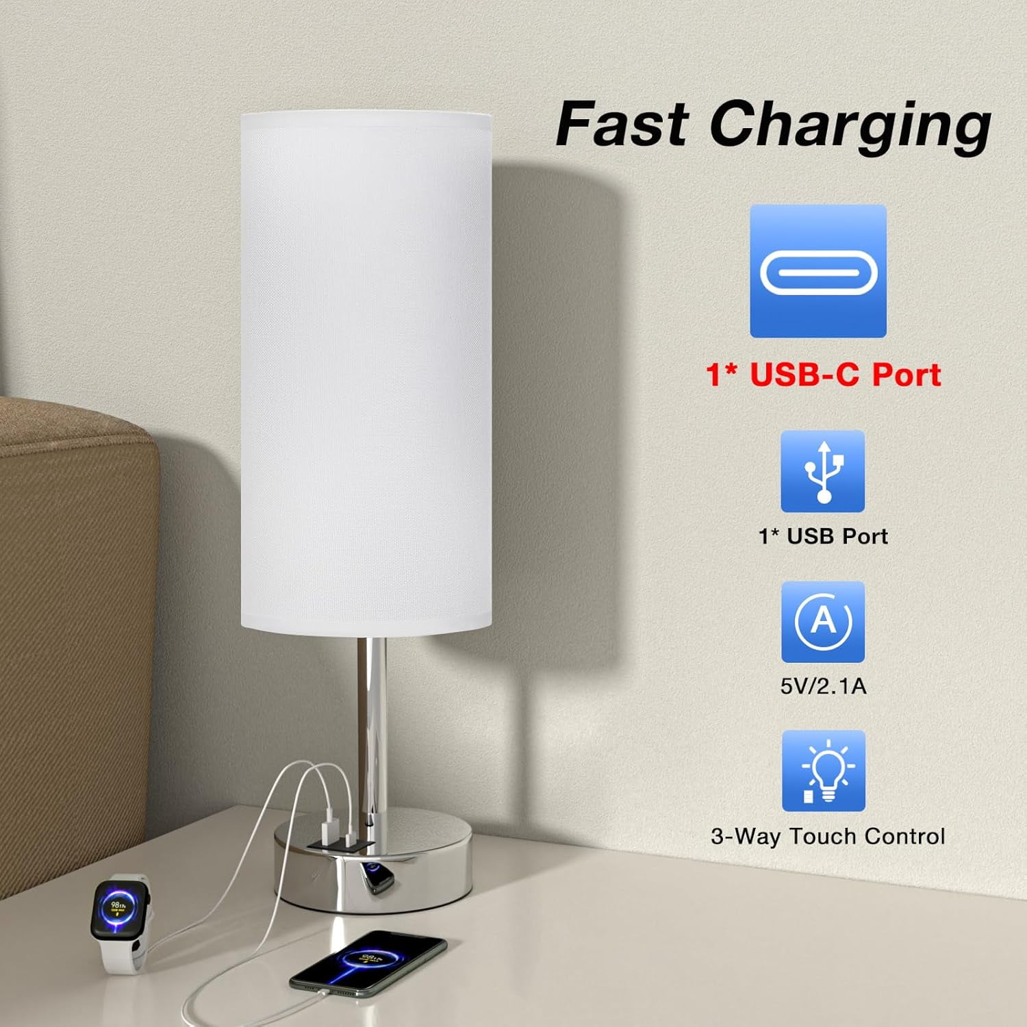 YJYASX-White Bedside Touch Table Lamps for Bedroom Nightstand with USB ...