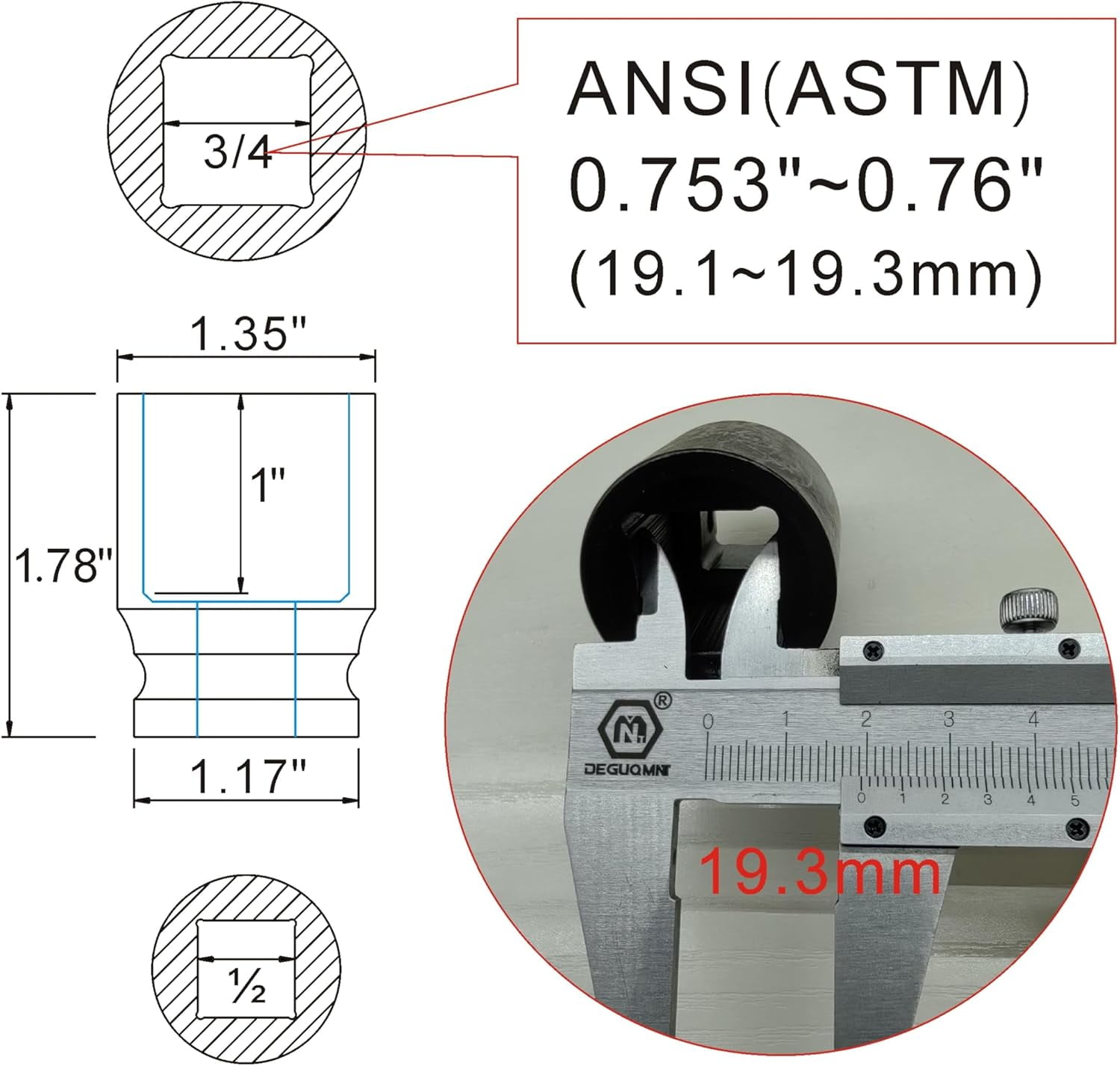 YJYCSAH-1/2" Drive 3/4" 4-Point Square Socket, Heat Treated Cr-V Alloy ...