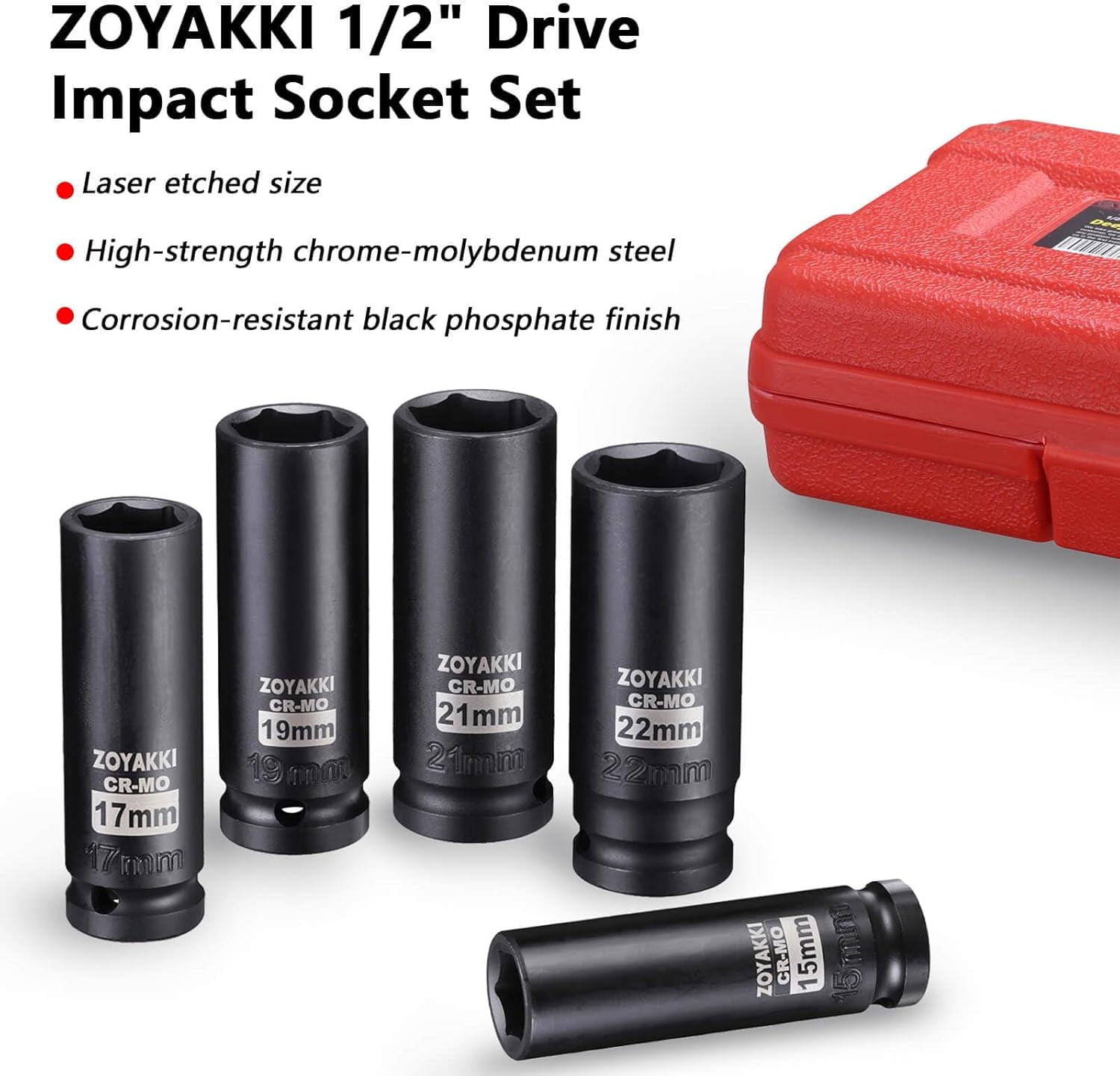 YJYCSAH-1/2" Drive Deep 6-Point Impact Socket Set, 5-Piece Standard ...