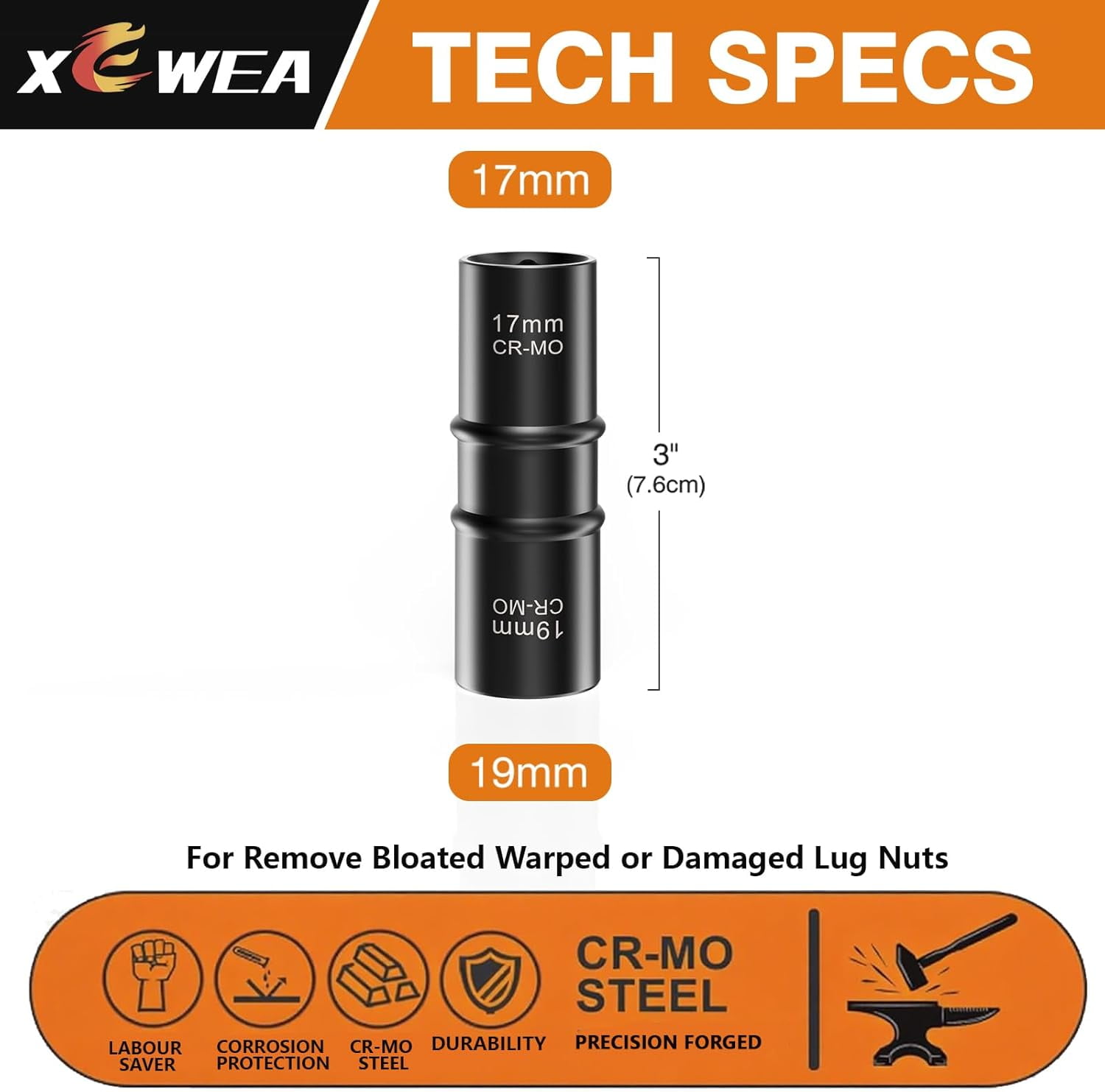YJYCSAH-1/2 Inch Drive 17mm x 19mm Thin Wall Impact Flip Socket, Lug ...