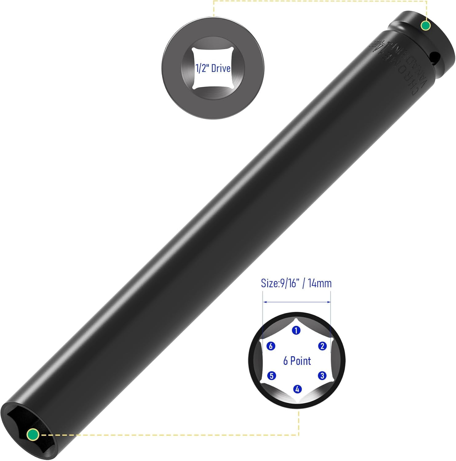 YJYCSAH-1/2" Inch Drive by 14mm(9/16") Deep Impact Socket, Heat-Treated ...