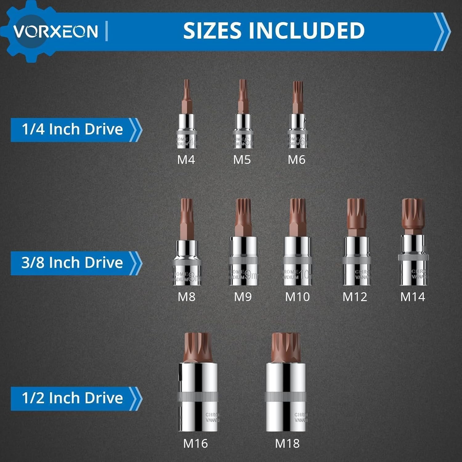 YJYCSAH-10 Pcs Triple Square Spline Bit Socket Set M4 - M18, S2 Alloy ...