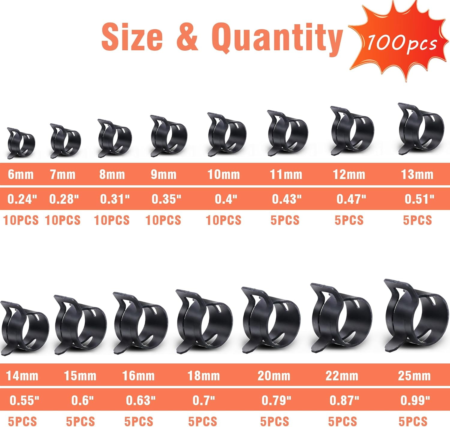 YJYCSAH-100Pcs 6-25mm Spring Band Hose Clamp Assortment Kit with Hose ...