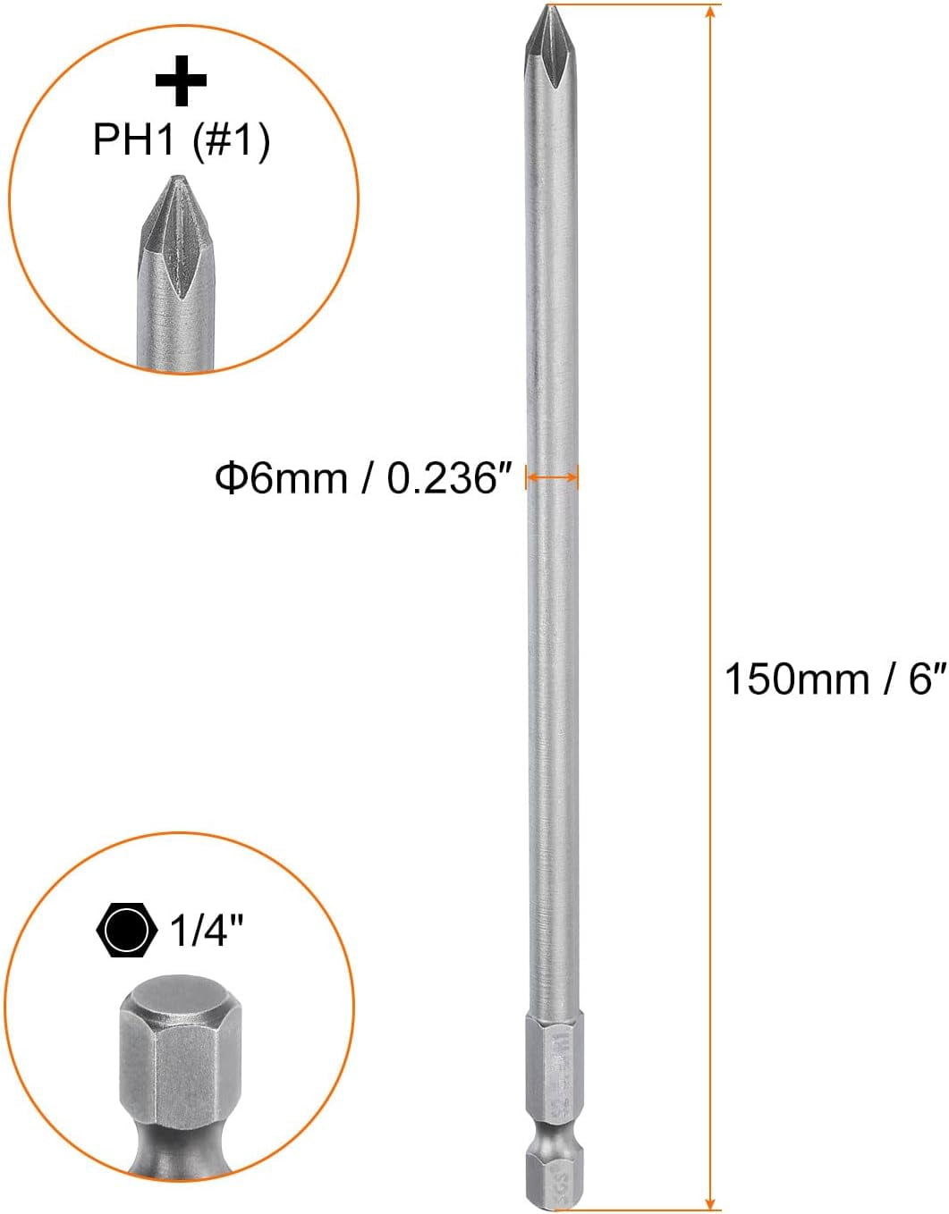YJYCSAH-10pcs #1 Phillips Screwdriver Bit PH1 1/4" Hex Shank 6" (150mm ...