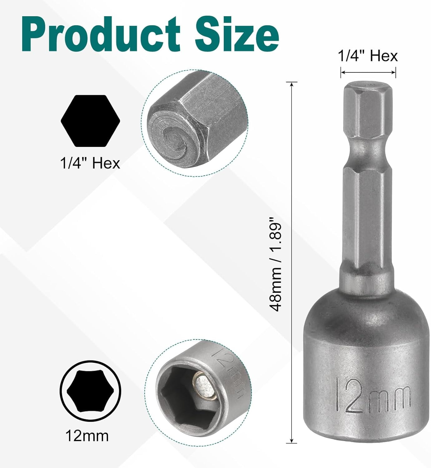 YJYCSAH-12Pcs 1/4" Hex Shank 12mm Magnetic Hex Socket 48mm Length CR-V ...