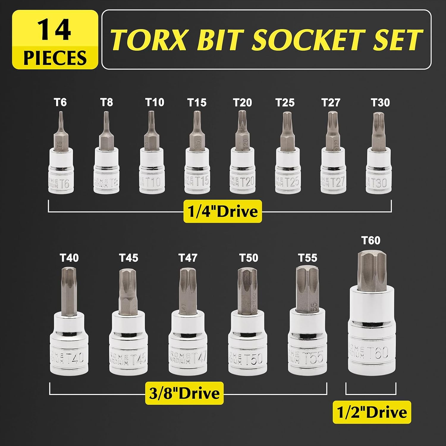 YJYCSAH-14PCS Torx Bit Socket Set, CR-V, S2 Steel, 1/4", 3/8" and 1/2 ...
