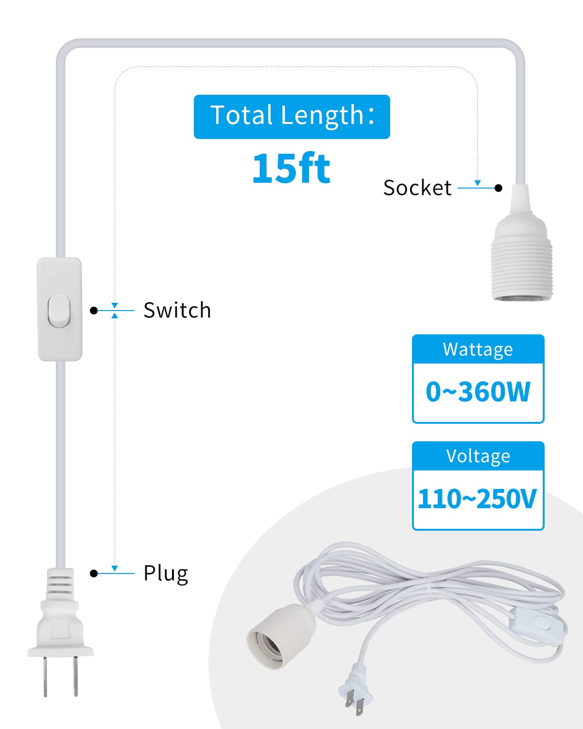 YJYCSAH-15.6ft Plug in Pendant Light, 2-Pack Light Sockets Extension ...