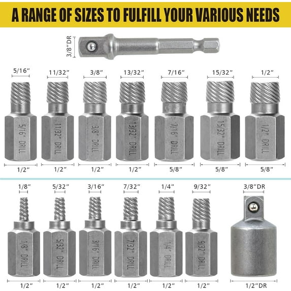 YJYCSAH-15 PCS Screw Extractor Set with 3/8" Inch Drive, Hex Head Multi ...