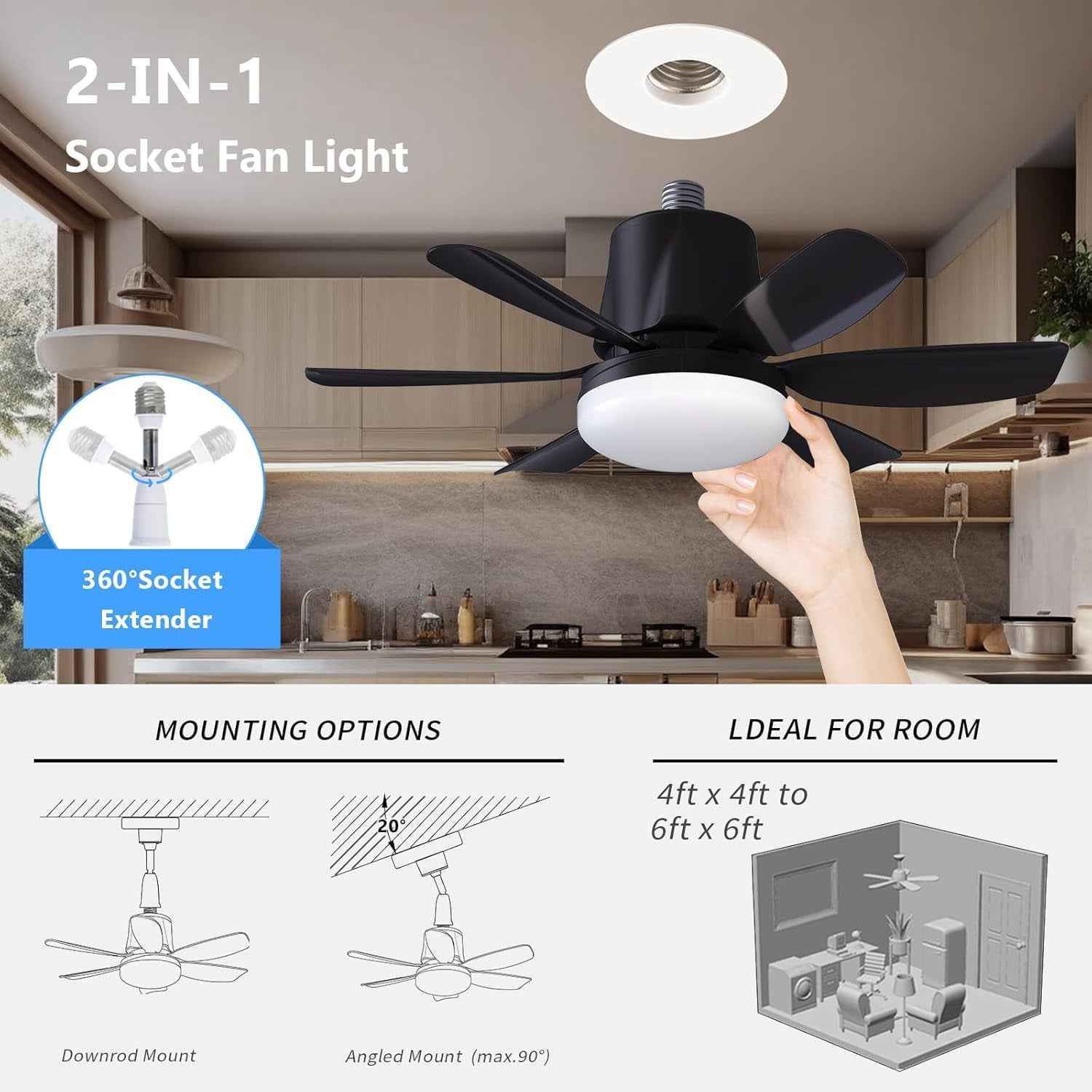 YJYCSAH-2 Pack Socket Fan Light and 360° Light Socket Extender, 18.5 ...
