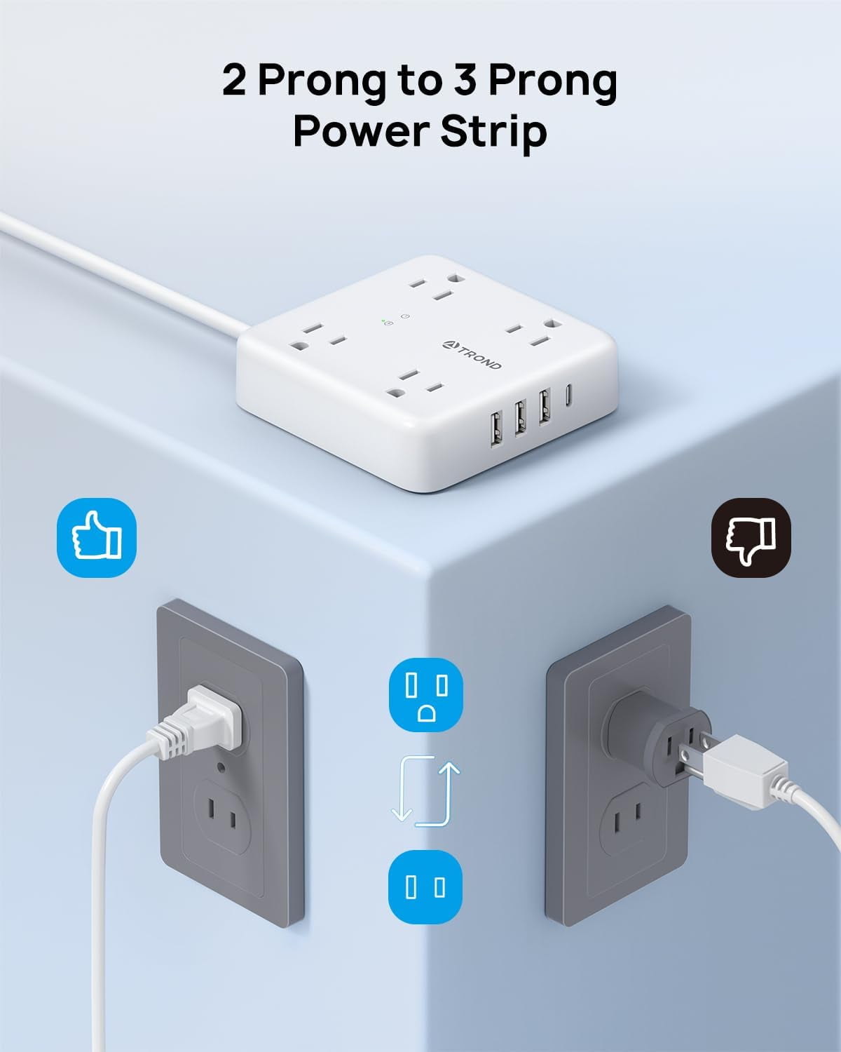 YJYCSAH-2 Prong Power Strip: 1440J Surge Protector, 5ft Extension Cord ...