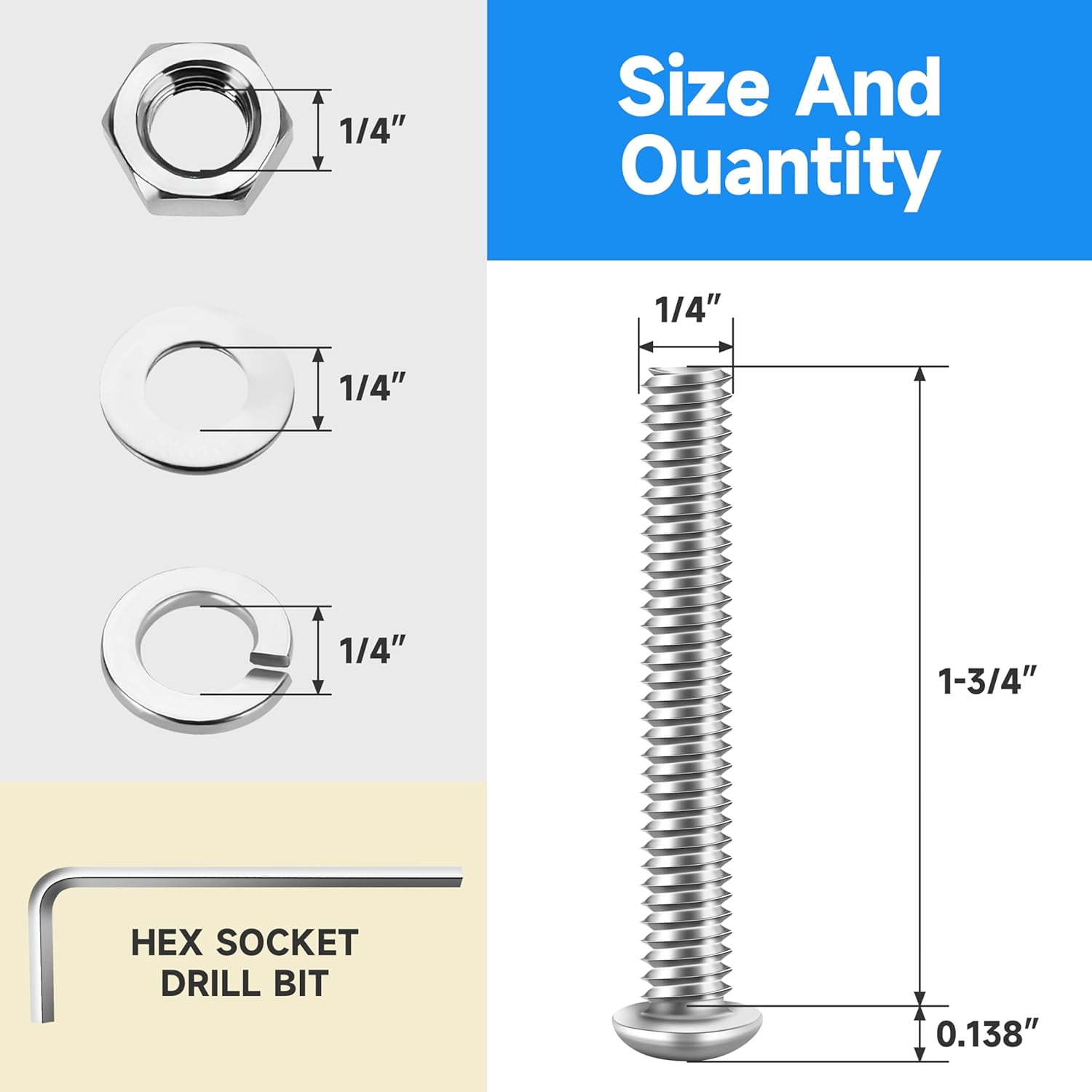 YJYCSAH-(20 Sets) 1/4 20 Stainless Steel Bolts, 1/4 x 1-3/4" Button ...