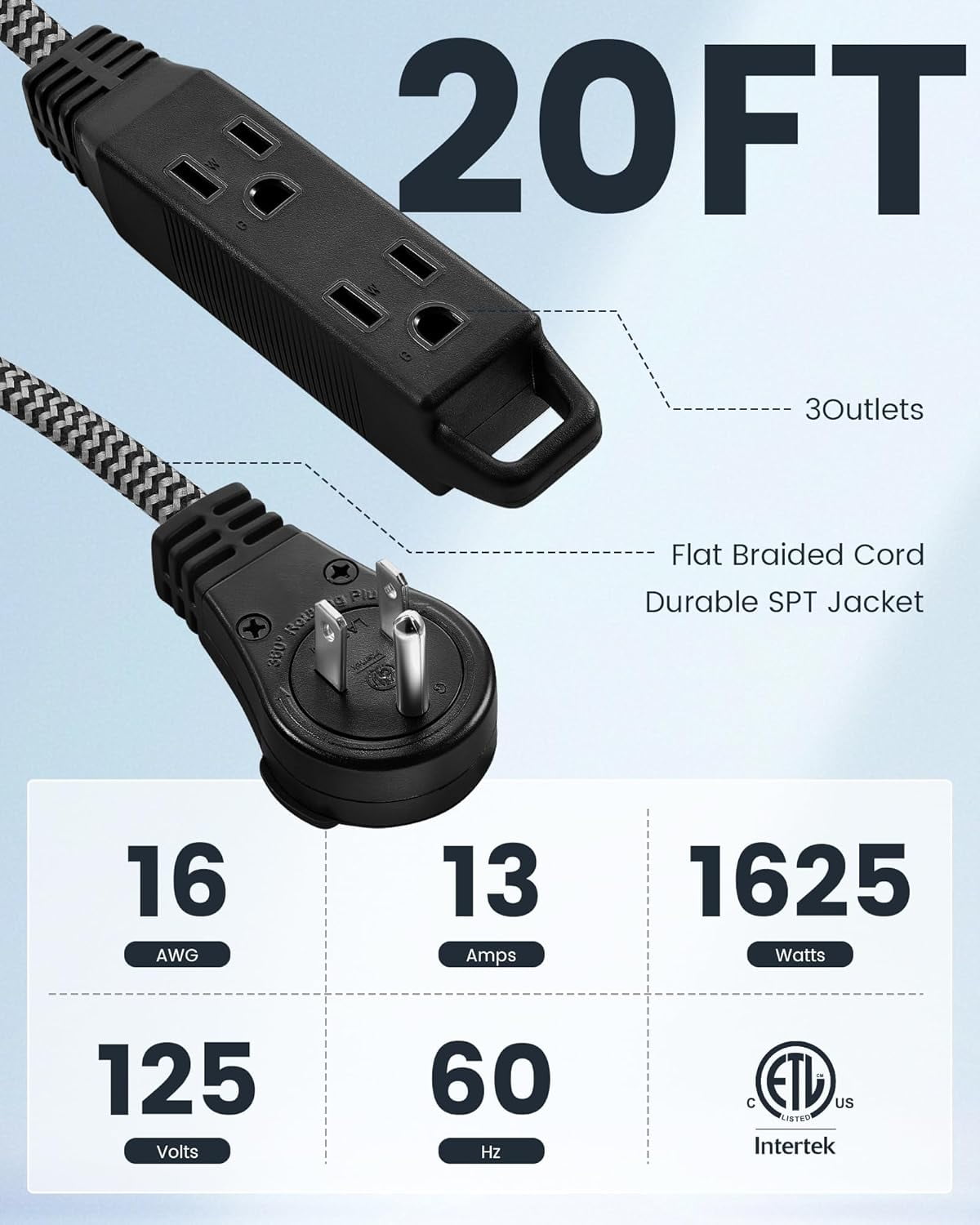 YJYCSAH-20FT 360° Rotating Flat Plug Extension Cord Flat Wall Plug with ...