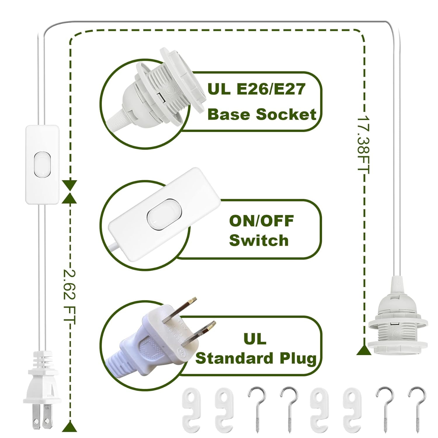 YJYCSAH-20Ft Pendant Light Cord, White Plug in Hanging Lamp Kit E26 E27 ...