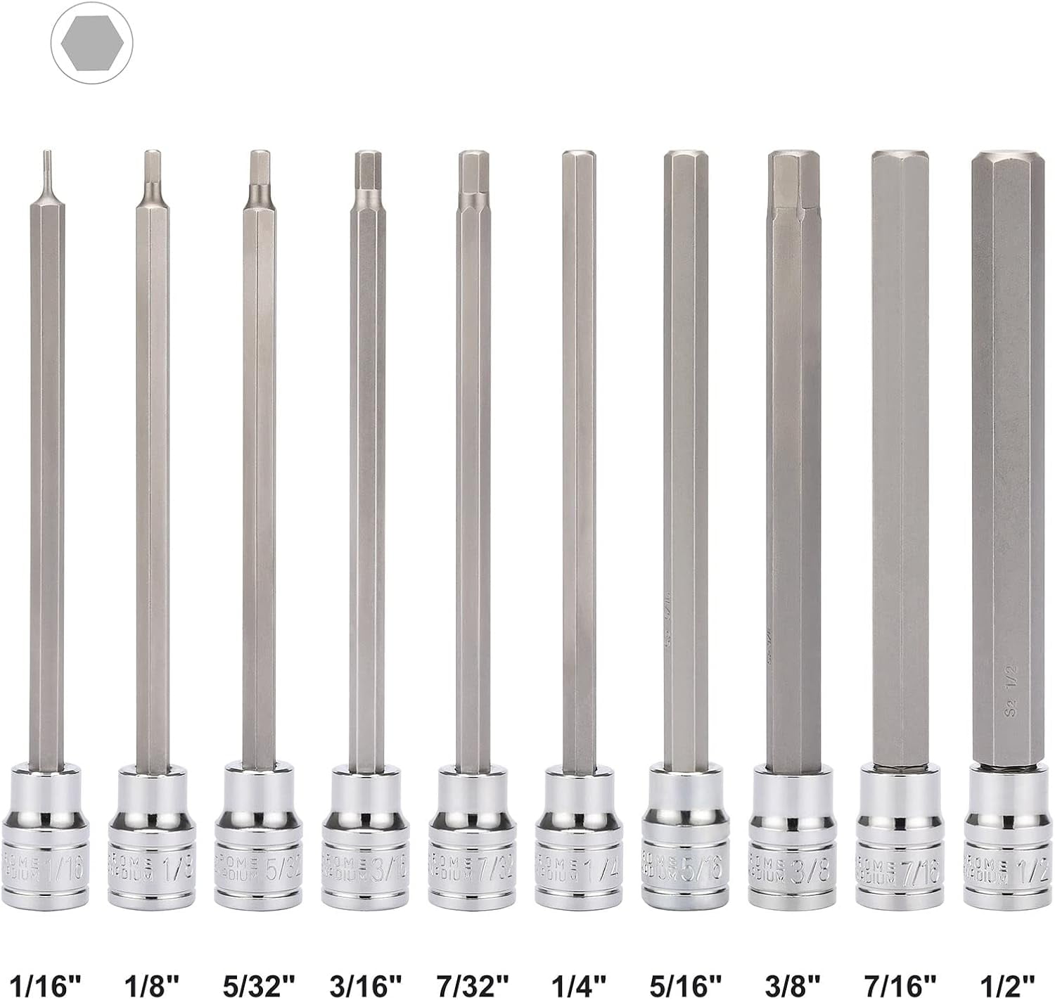 YJYCSAH-3/8" Drive Extra Long Allen Hex Bit Socket Set, S2&CR-V, SAE ...