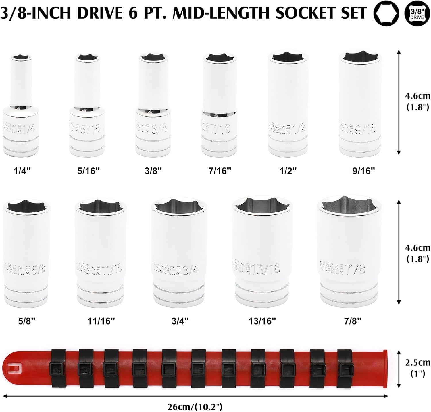 YJYCSAH-3/8" Drive Mid-Length Socket Set with Storage Rails, 11-Piece ...