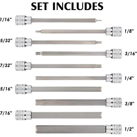 YJYCSAH-3/8 Inch Drive Long Hex Bit Socket Set, 1/16 Inch to 1/2 Inch ...