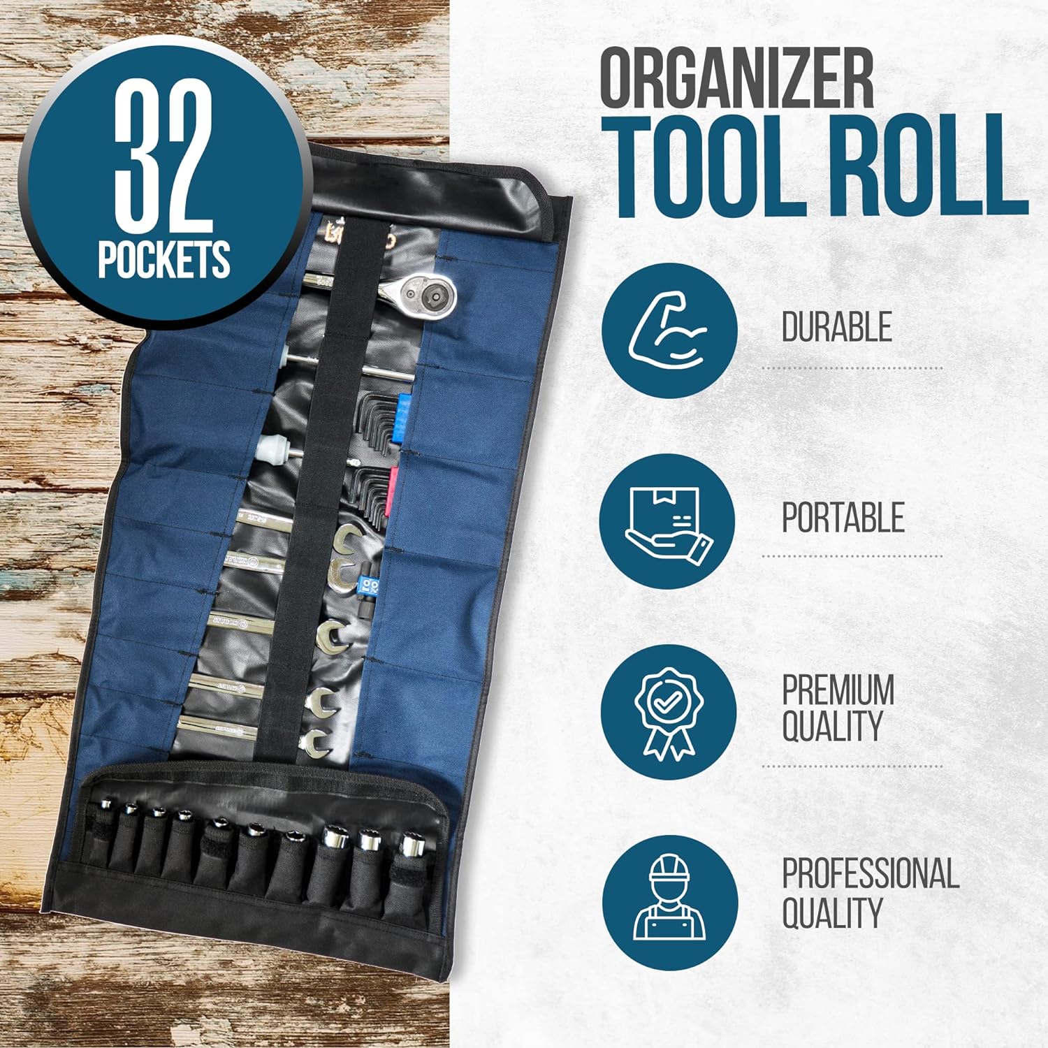 YJYCSAH-32 Pocket Tool Roll Organizer - Wrench Organizer & Tool Pouch ...