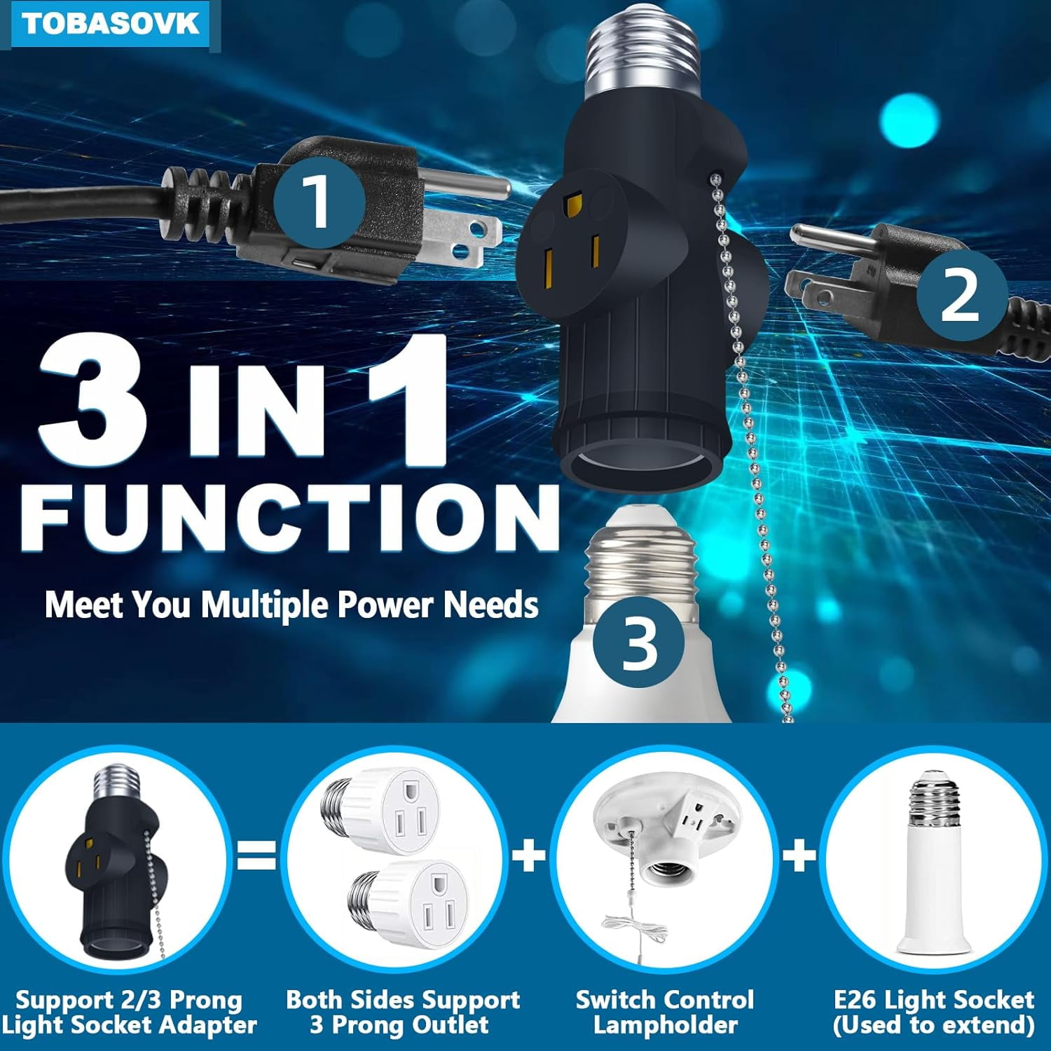 YJYCSAH-3Pcs Both Sides of Socket Support 3-Prong Light Socket Adapter ...