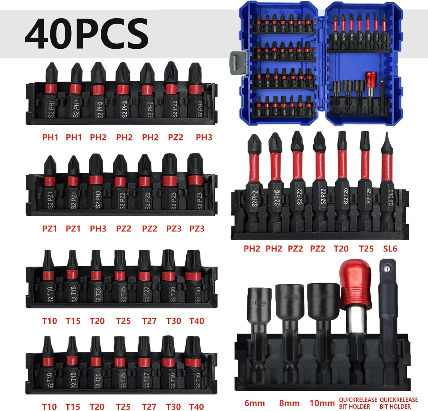 YJYCSAH-40PCS impact screwdriver bit set Phillips, Slotted and Torx, S2 ...