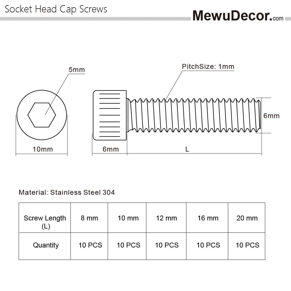 YJYCSAH-50 PCS Socket Head Cap Screw Assortment Set, M6 x 8mm, 10mm ...