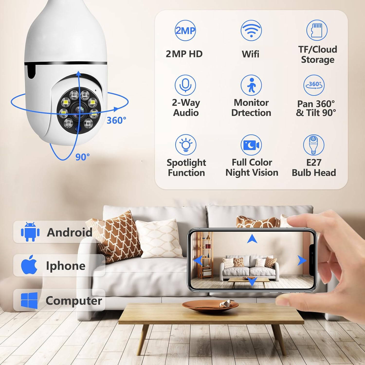 YJYCSAH-5G Light Bulb Security Camera WiFi Dual Band,360 Degree 1080P ...