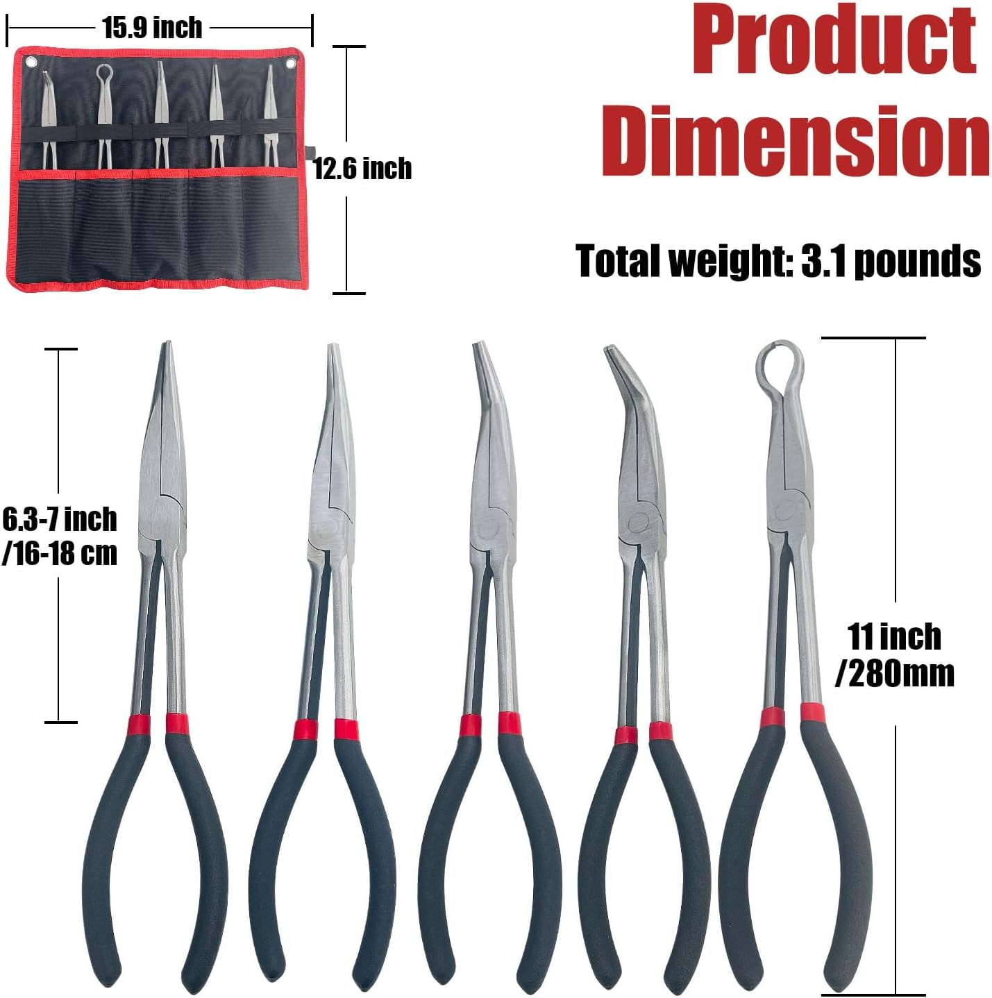 YJYCSAH-5Pcs Long Reach Pliers Set, 11 Inch Needle Nose Pliers Set, 25 ...