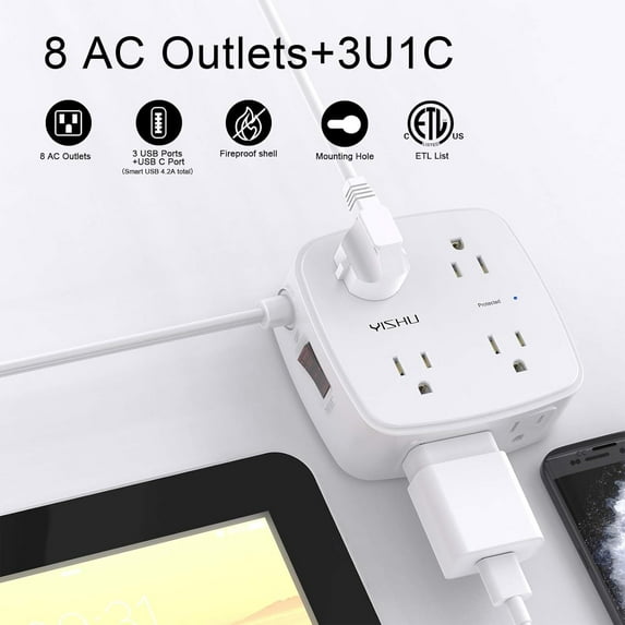 YJYCSAH-6 Ft Surge Protector Power Strip - 8 Widely Outlets with 4 USB Ports, 3 Side Outlet ...