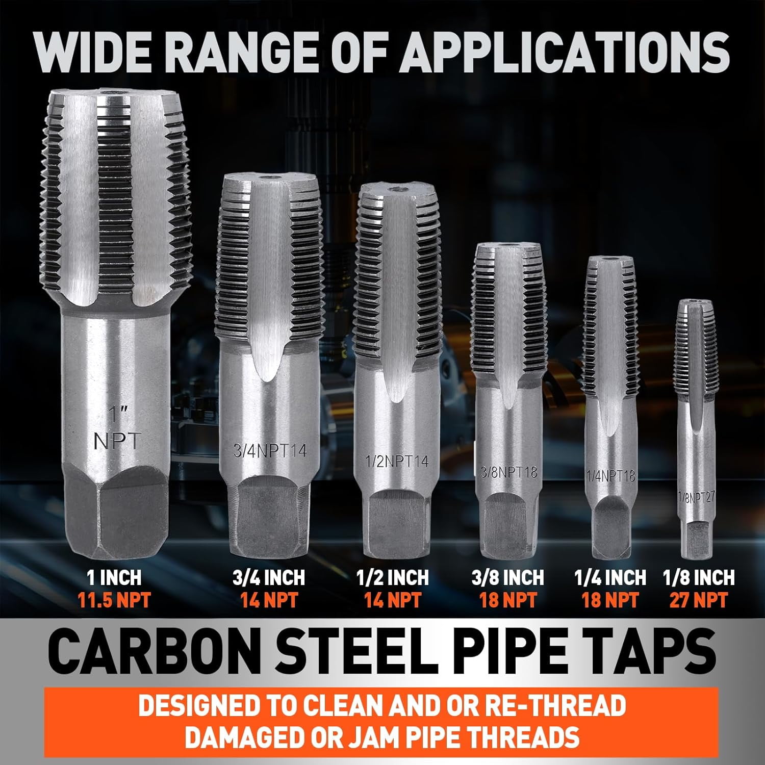 YJYCSAH-6-Piece NPT Pipe Tap Set, 1", 3/4", 1/2", 3/8", 1/4", 1/8" Taps ...