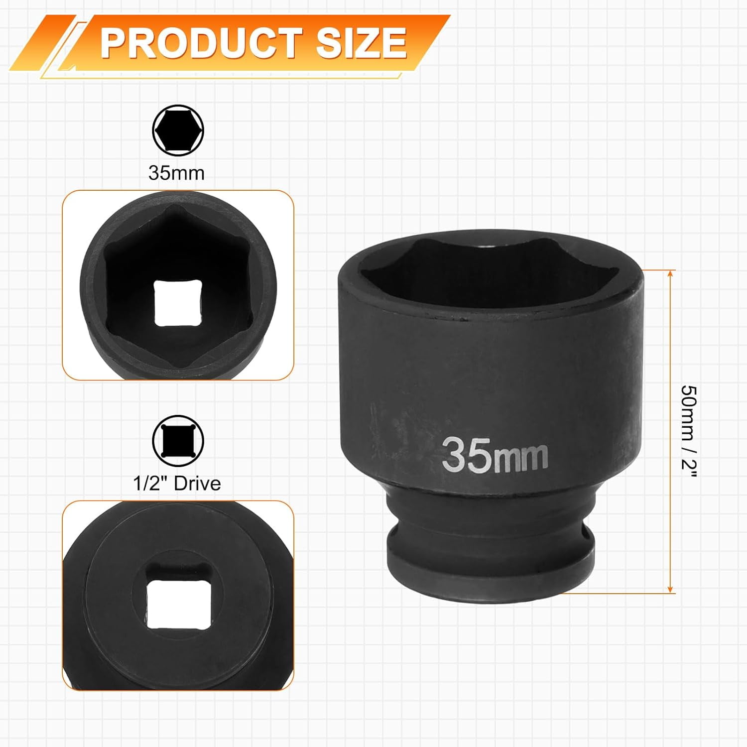 YJYCSAH-6 Point Impact Socket 35mm Metric Socket 1/2" Square Drive 2 ...