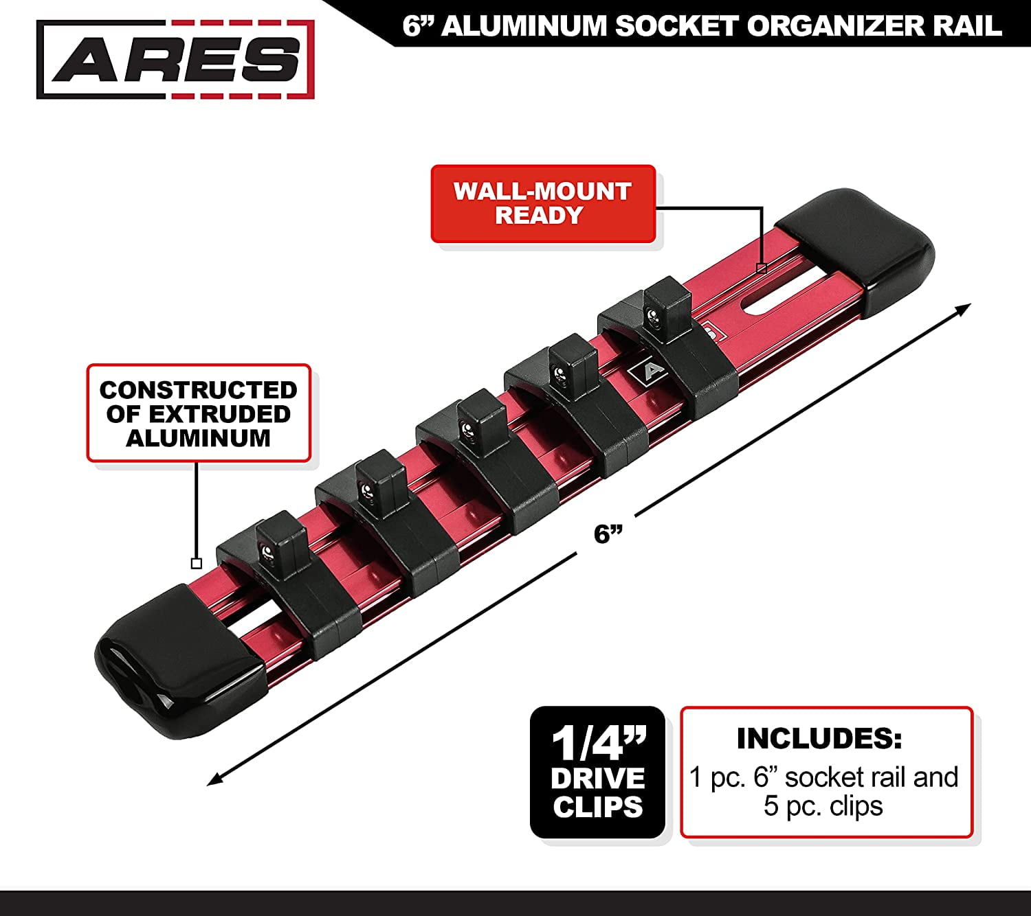 YJYCSAH-60062-1/4-Inch Drive Red 6-Inch Socket Organizer - Aluminum ...