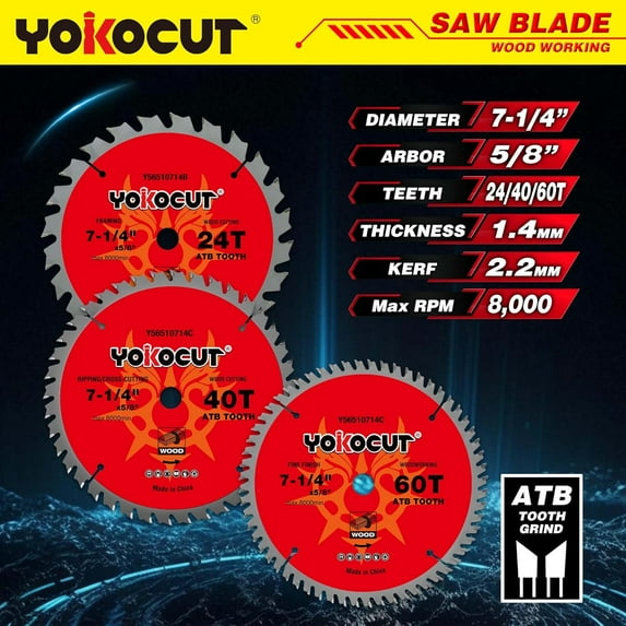 YJYCSAH-7-1/4 Inch Circular Saw Blades, TCT ATB 24T Framing, 40T for Ripping/Cross-Cutting, 60T ...