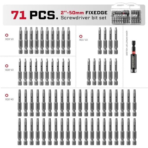 YJYCSAH-71Pieces Fixedge Screwdriver Bit Set, 2 inches #1#2#3 Square Magnetic Alloy Steel Insert ...