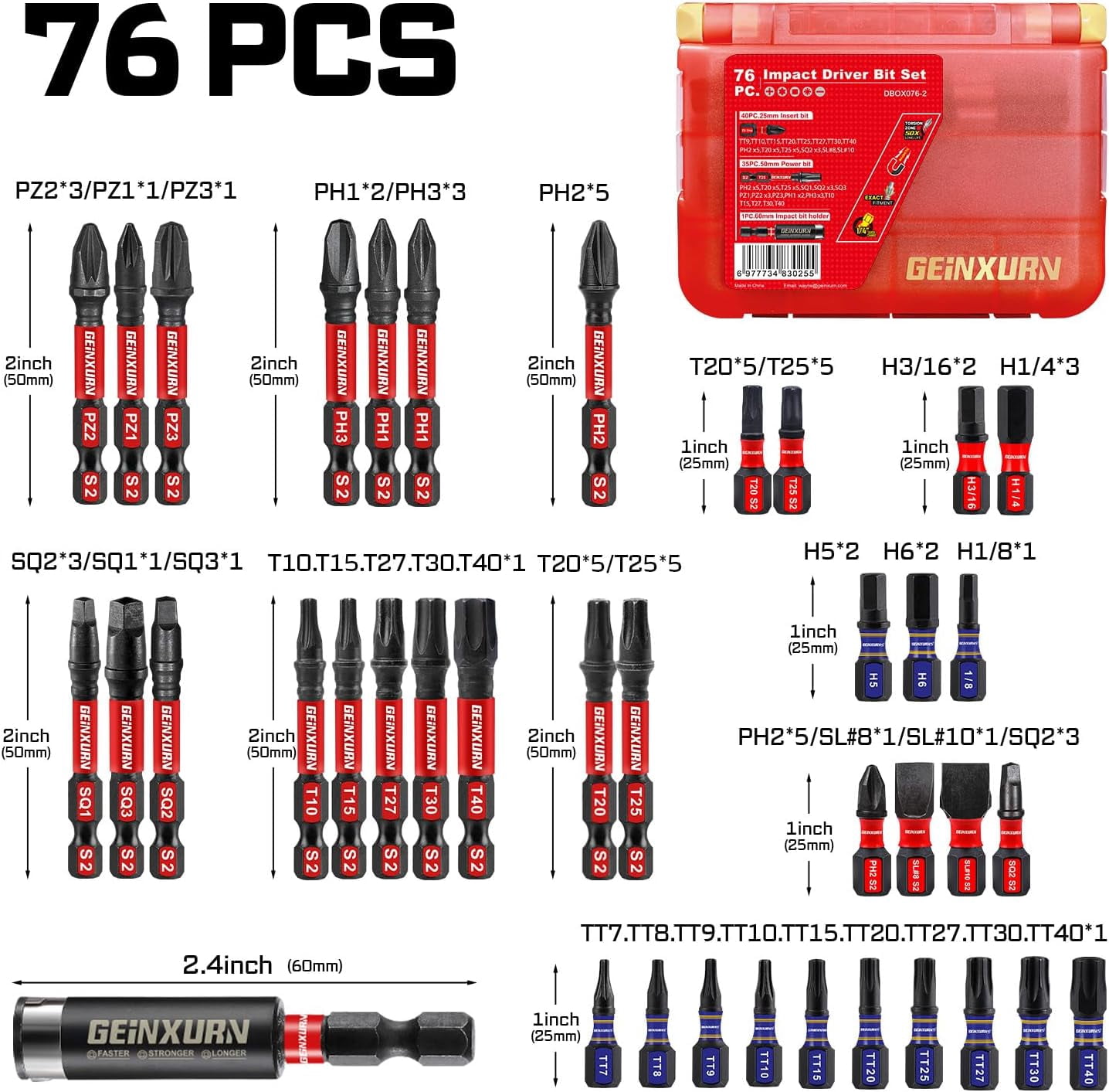 YJYCSAH-76 pieces Impact Screwdriver Bits Set, Magnetic S2 Steel Multi ...