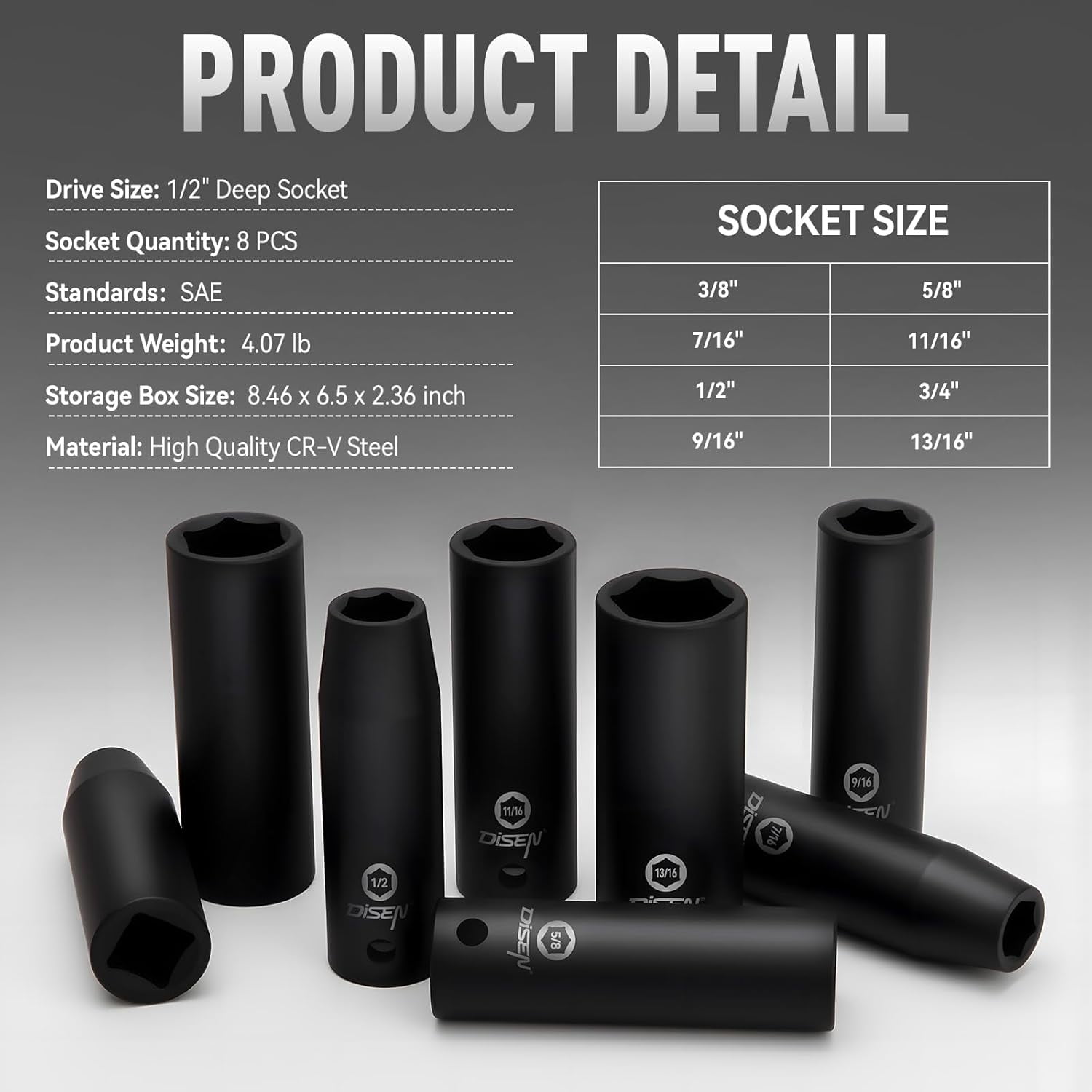 YJYCSAH-8 Pcs 1/2" SAE Impact Socket Set, Deep Sockets 3/8"- 13/16", 6 ...