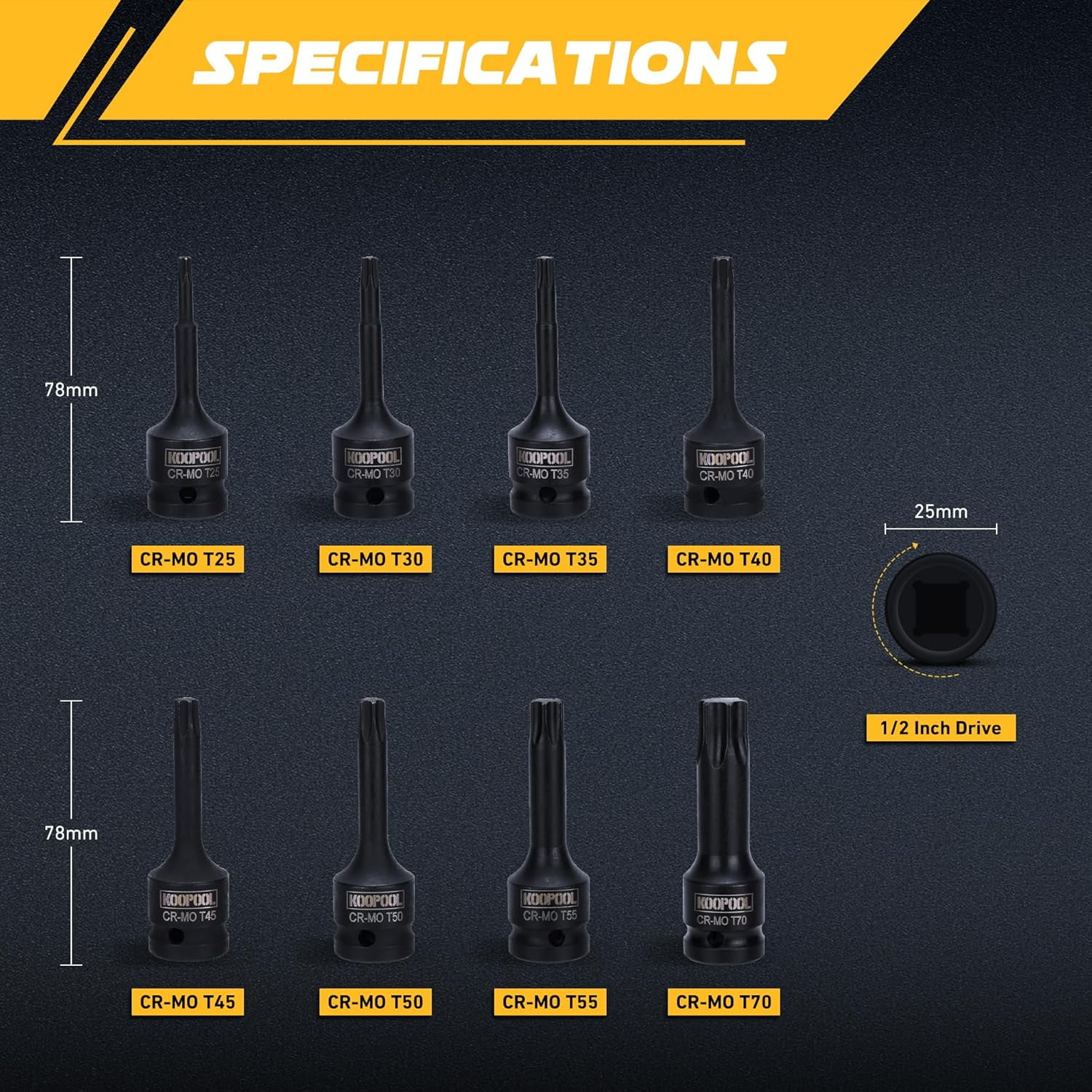 YJYCSAH-8-Piece Impact Torx Bit Socket Set, 1/2-Inch Drive, T25-T70, Cr ...
