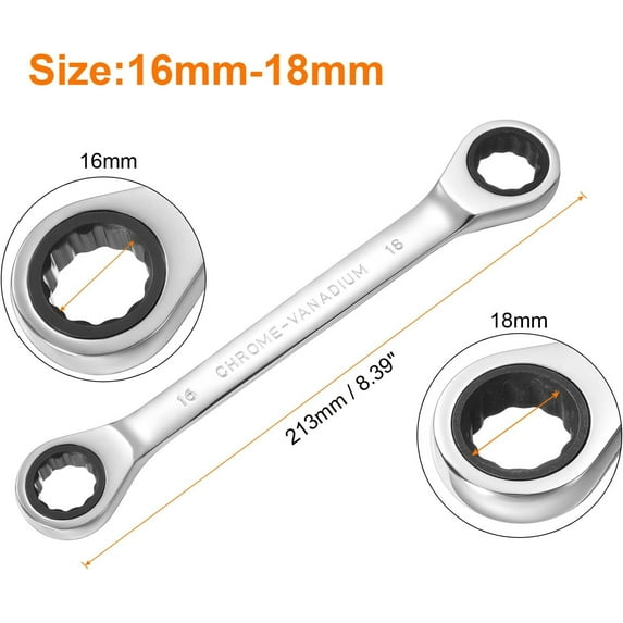YJYCSAH-Double Box End Ratcheting Wrench 16mm-18mm CR-V Steel Metric 12 Point Ratchet Wrench ...