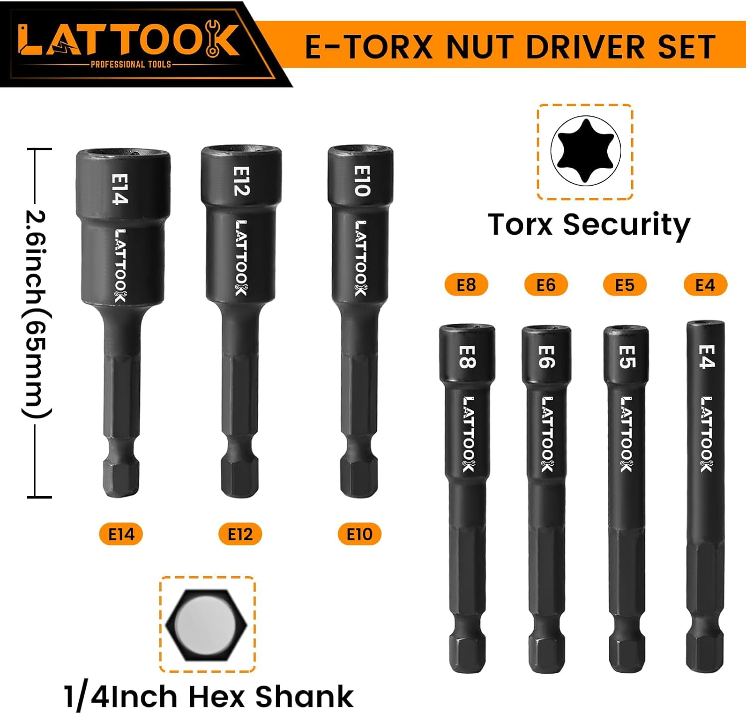 YJYCSAH-E-TORX Nut Driver Set, 7-Piece 1/4'' Hex Shank Female Torx Nut ...