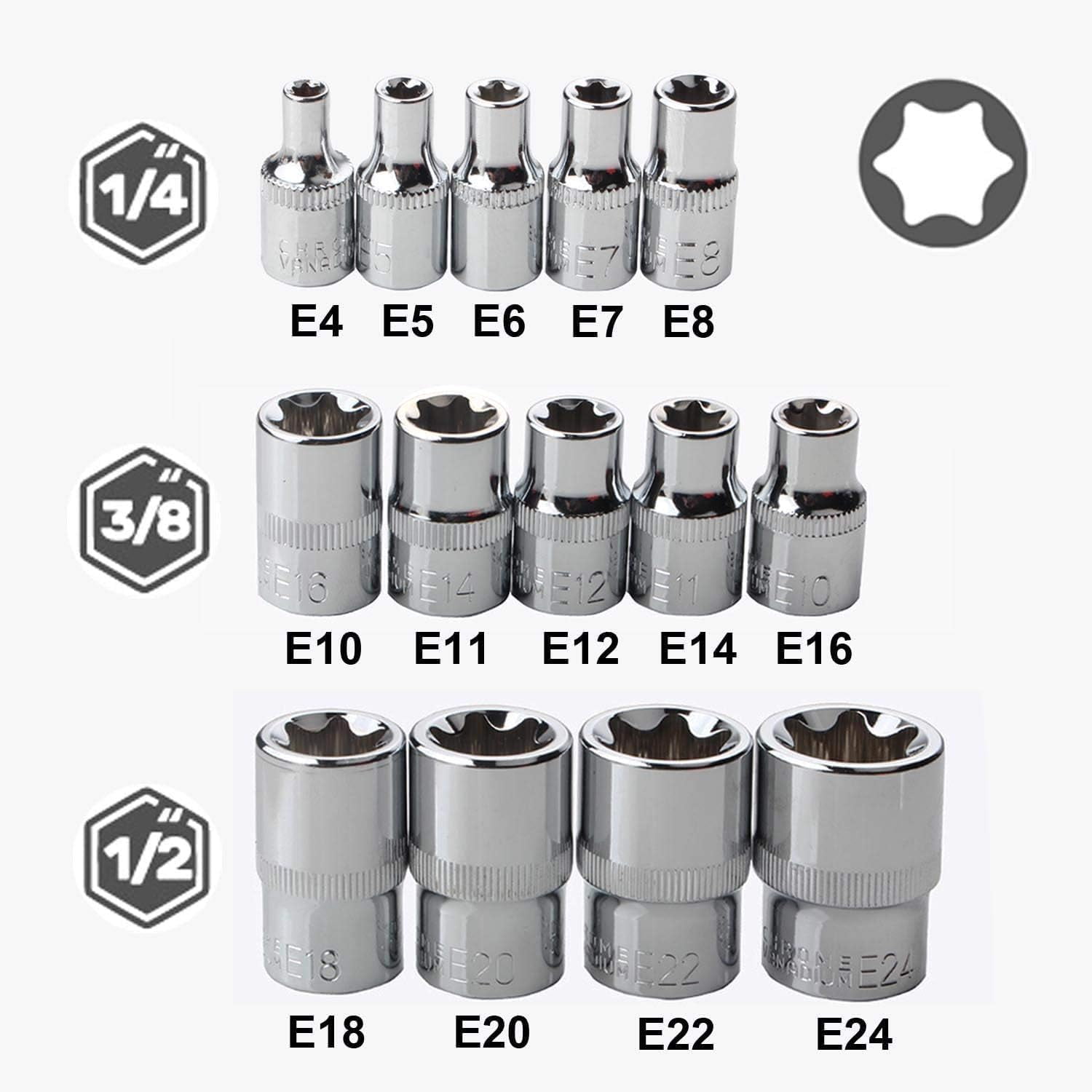 YJYCSAH-E-Torx Socket Set, Female Star Socket, E4 - E24 Essential ...