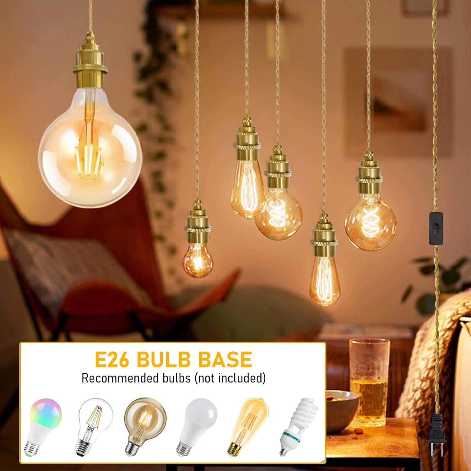 YJYCSAH-Gold Plug in Pendant Light Kit, Hanging Plug in Lights Fixture ...