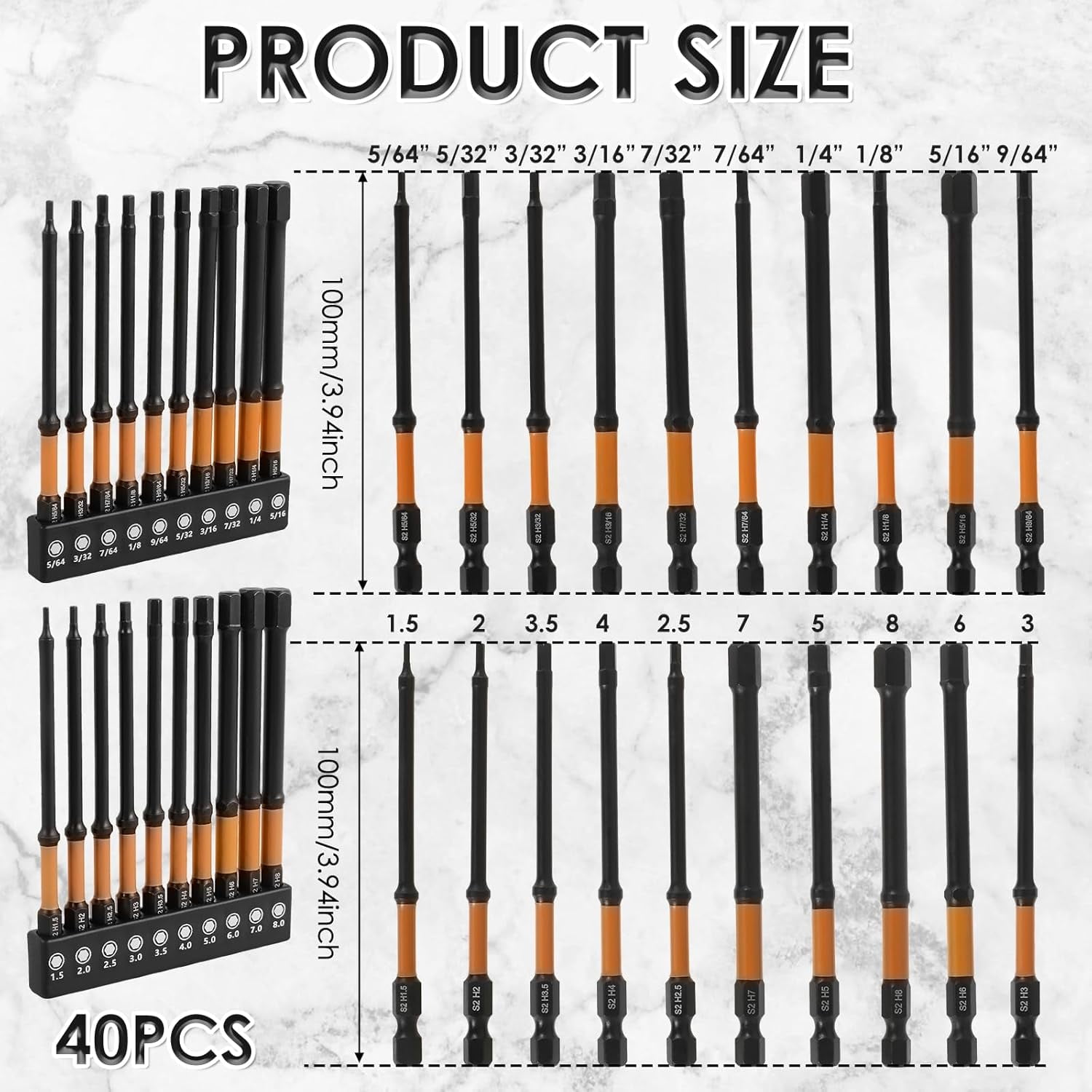 YJYCSAH-Impact 4" Long Hex Head Drill Bit Set, 40PCS Allen Wrench Hex ...