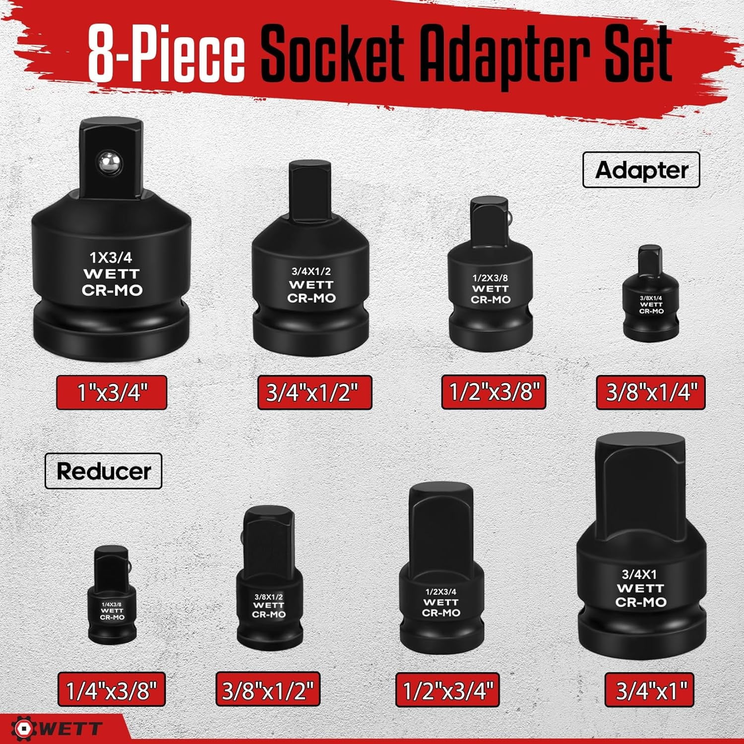 YJYCSAH-Impact Socket Adapter and Reducer, 8-Piece 1" 3/4" 1/4" 3/8" 1/ ...