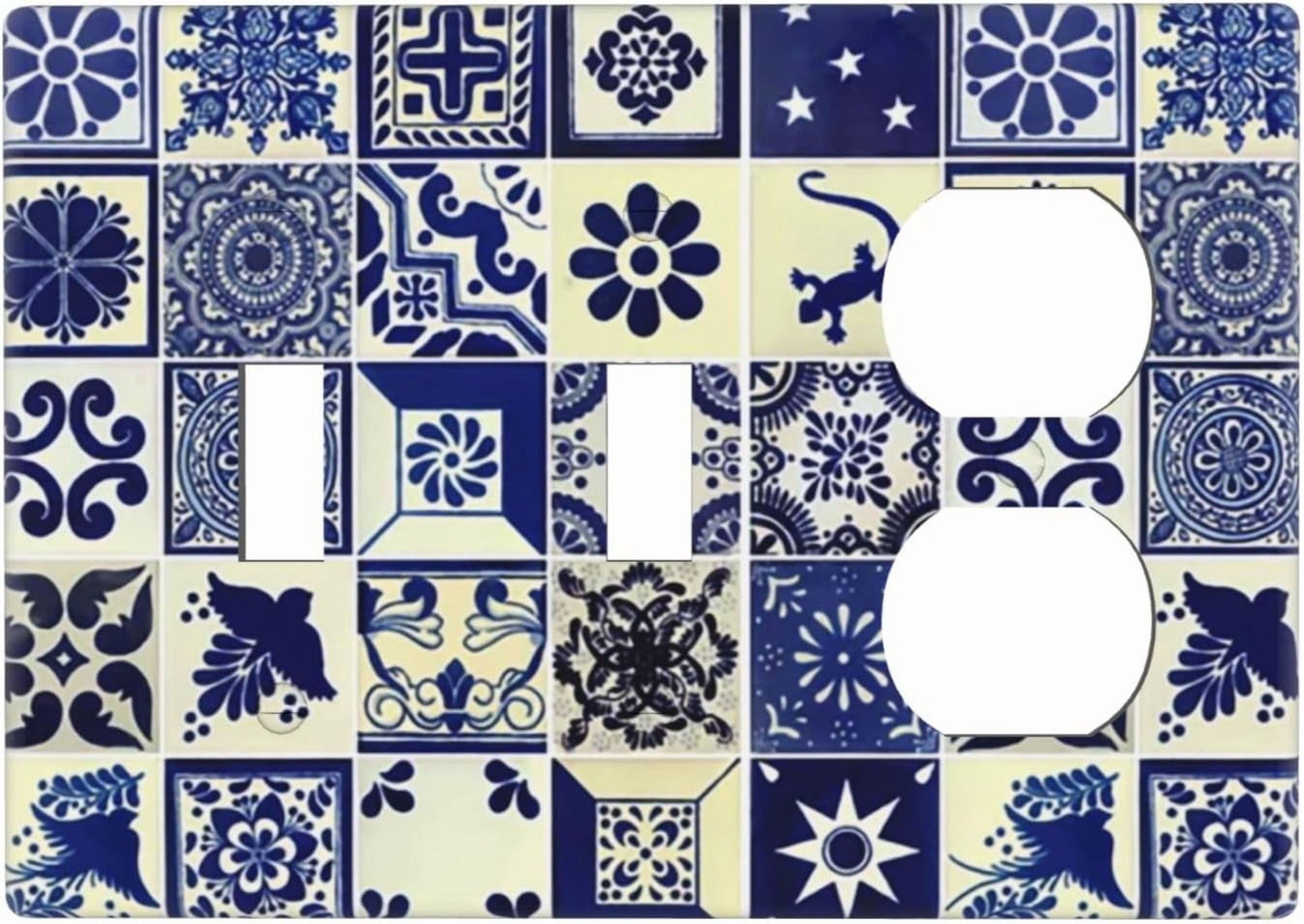YJYCSAH-Kitchen Talavera Mexican Boho Blue/White Mosaic Tile 3-Gang 2 ...