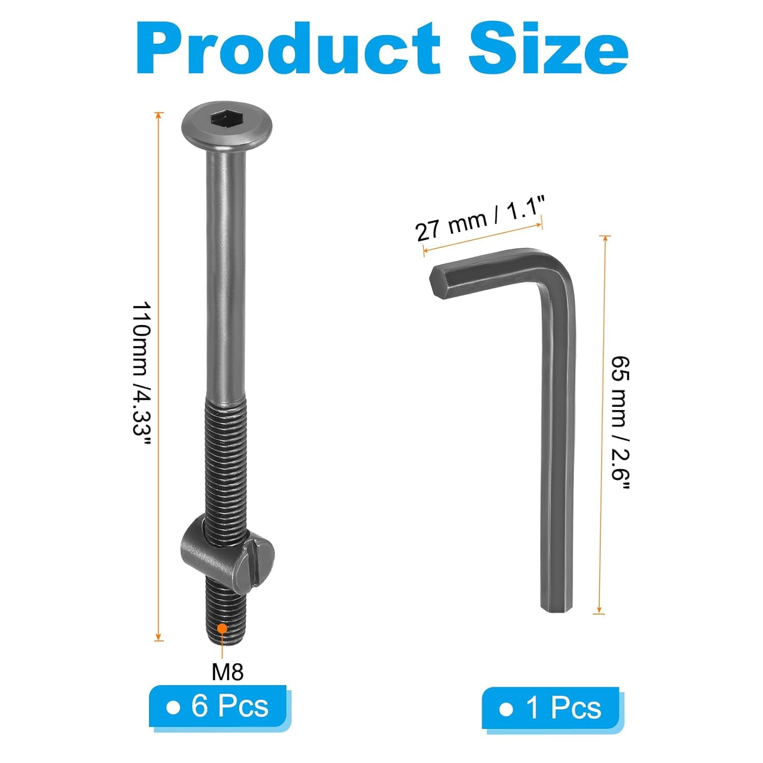 YJYCSAH-M8 x 110mm & M8 x 18mm Bunk Bed Bolts, 6 Pack Hex Drive Socket ...