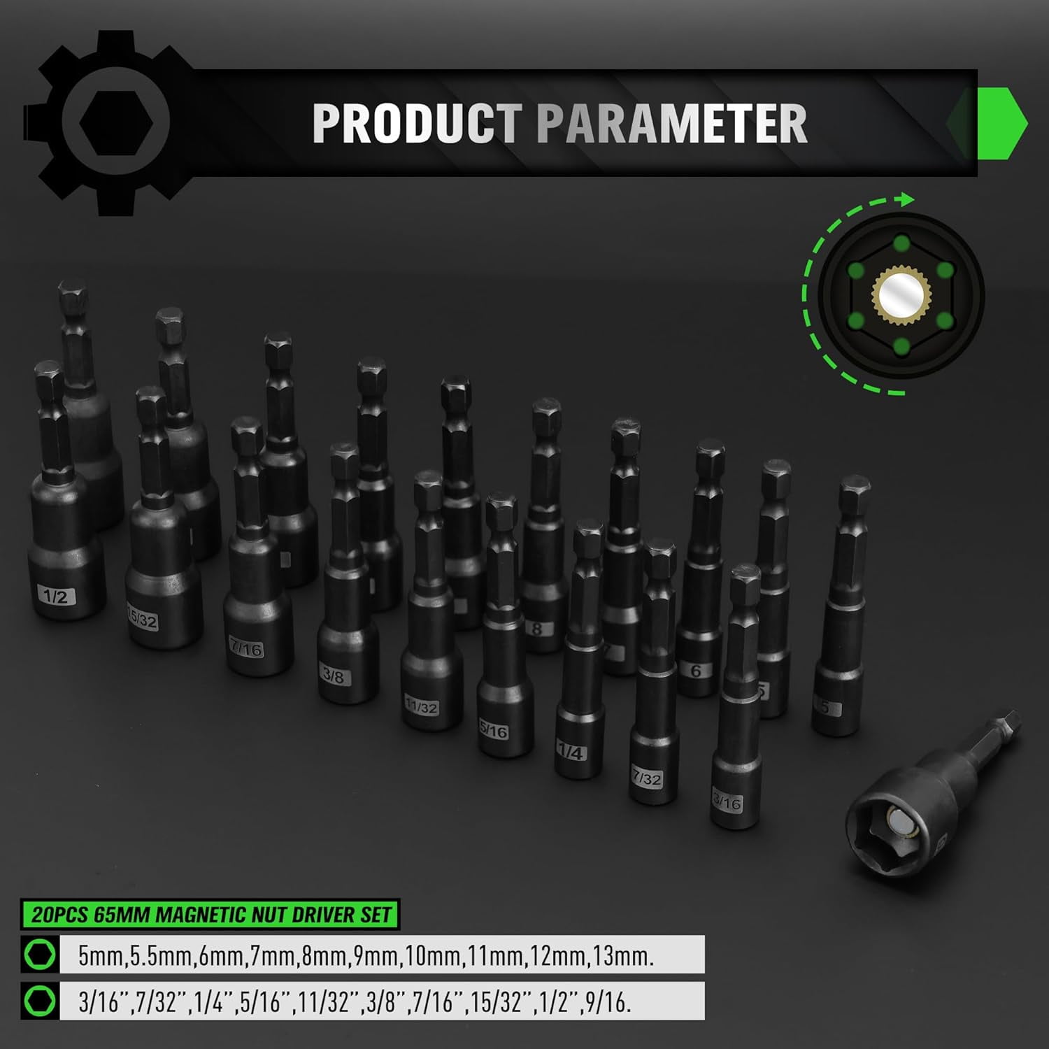 YJYCSAH-Magnetic Nut Driver Set, 20-Piece Metric & SAE 1/4" Hex Shank ...