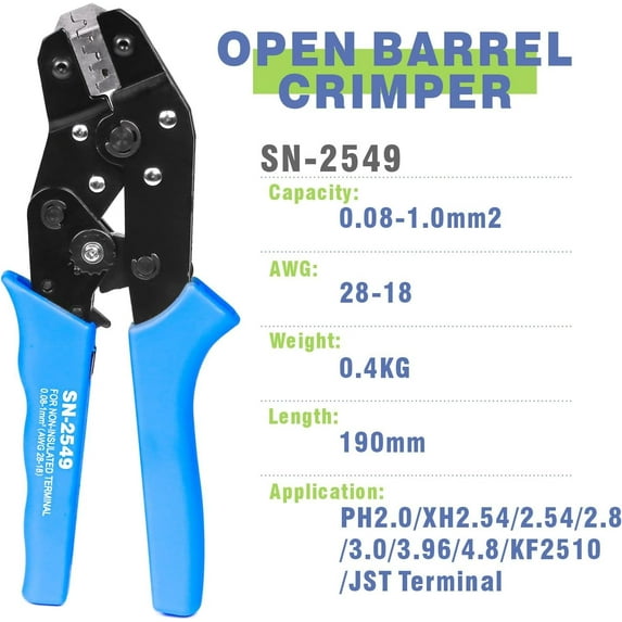 YJYCSAH-SN-2549 Ratcheting Crimping Tool 0.08-1.0 mm ² 18-28AWG for PH2.0/XH2.54/2.54/2.8/3.0/3 ...