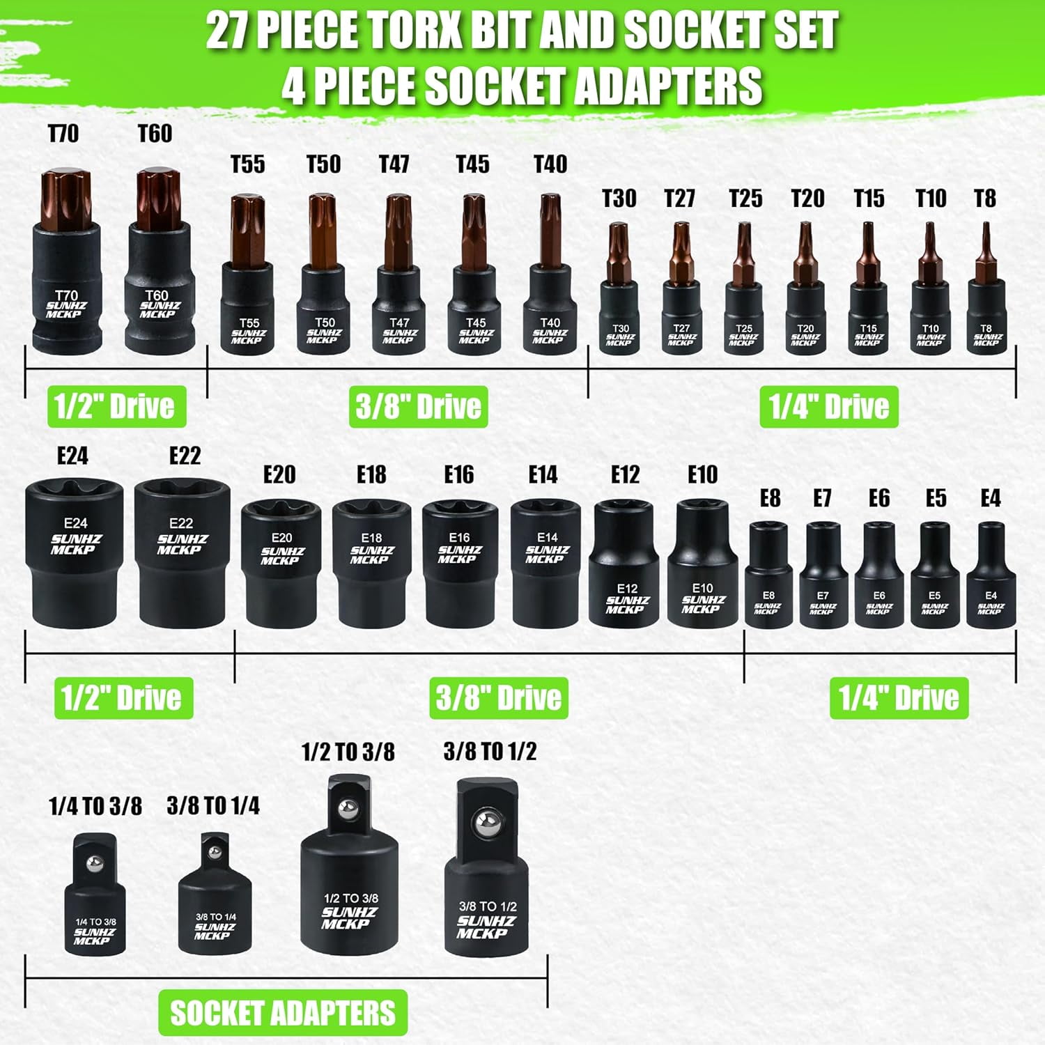 YJYCSAH-SUNHAMCKP 31 Piece Torx Bit and Socket Set, 14 Star Bits (T8 ...